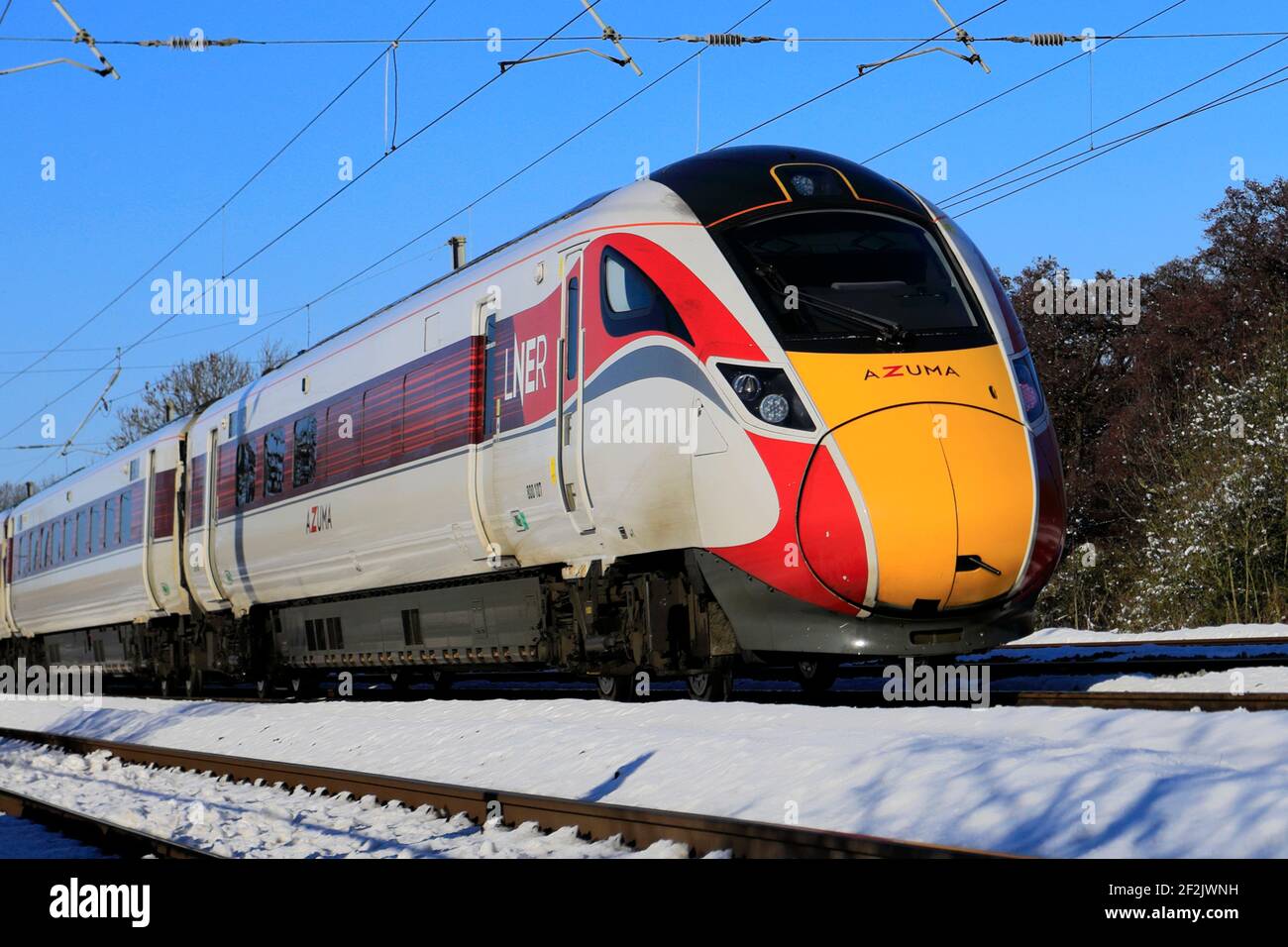 Class 800, LNER Azuma train in snow, East Coast Main Line Railway ...