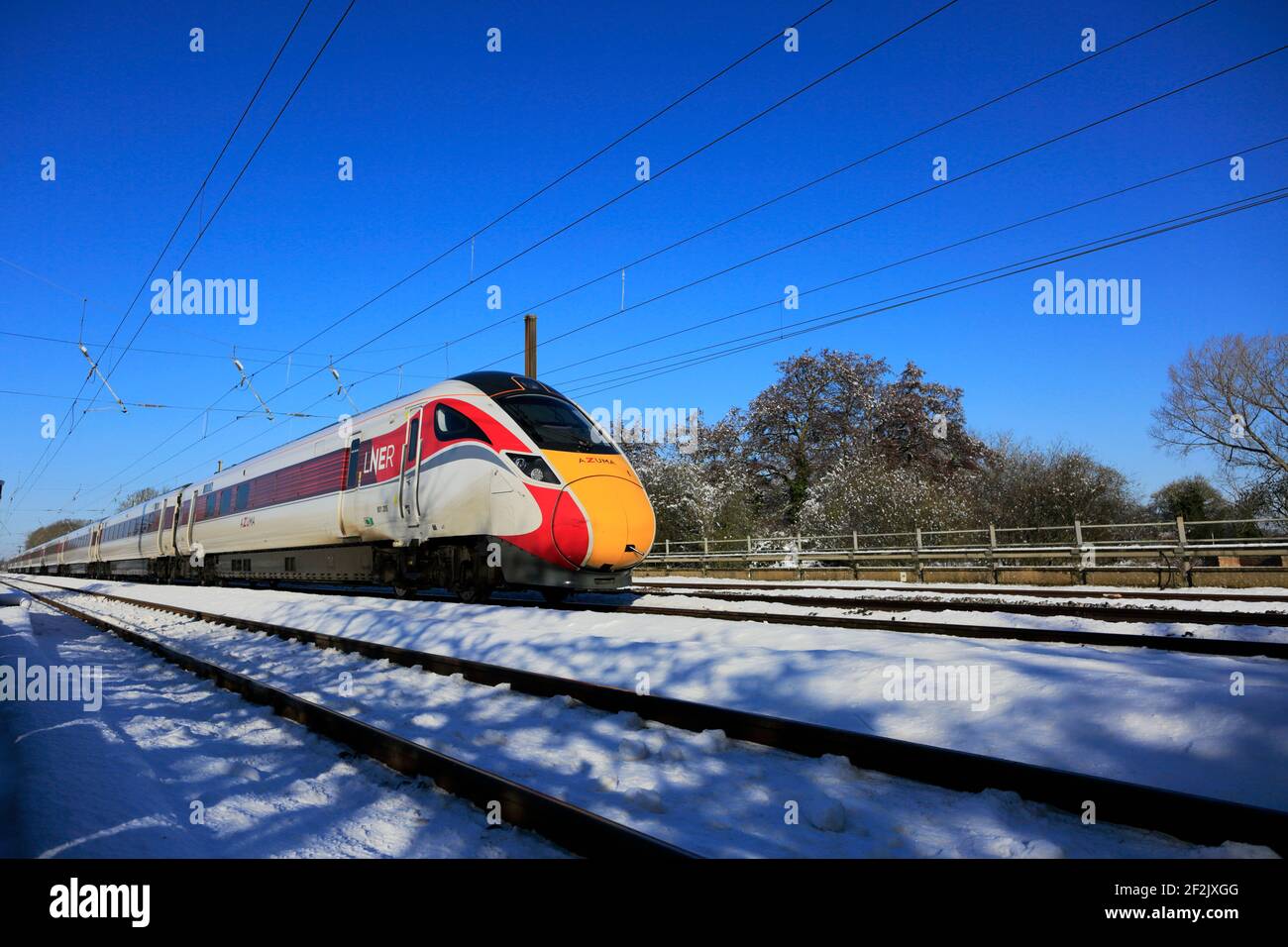 Class 800, LNER Azuma train in snow, East Coast Main Line Railway ...
