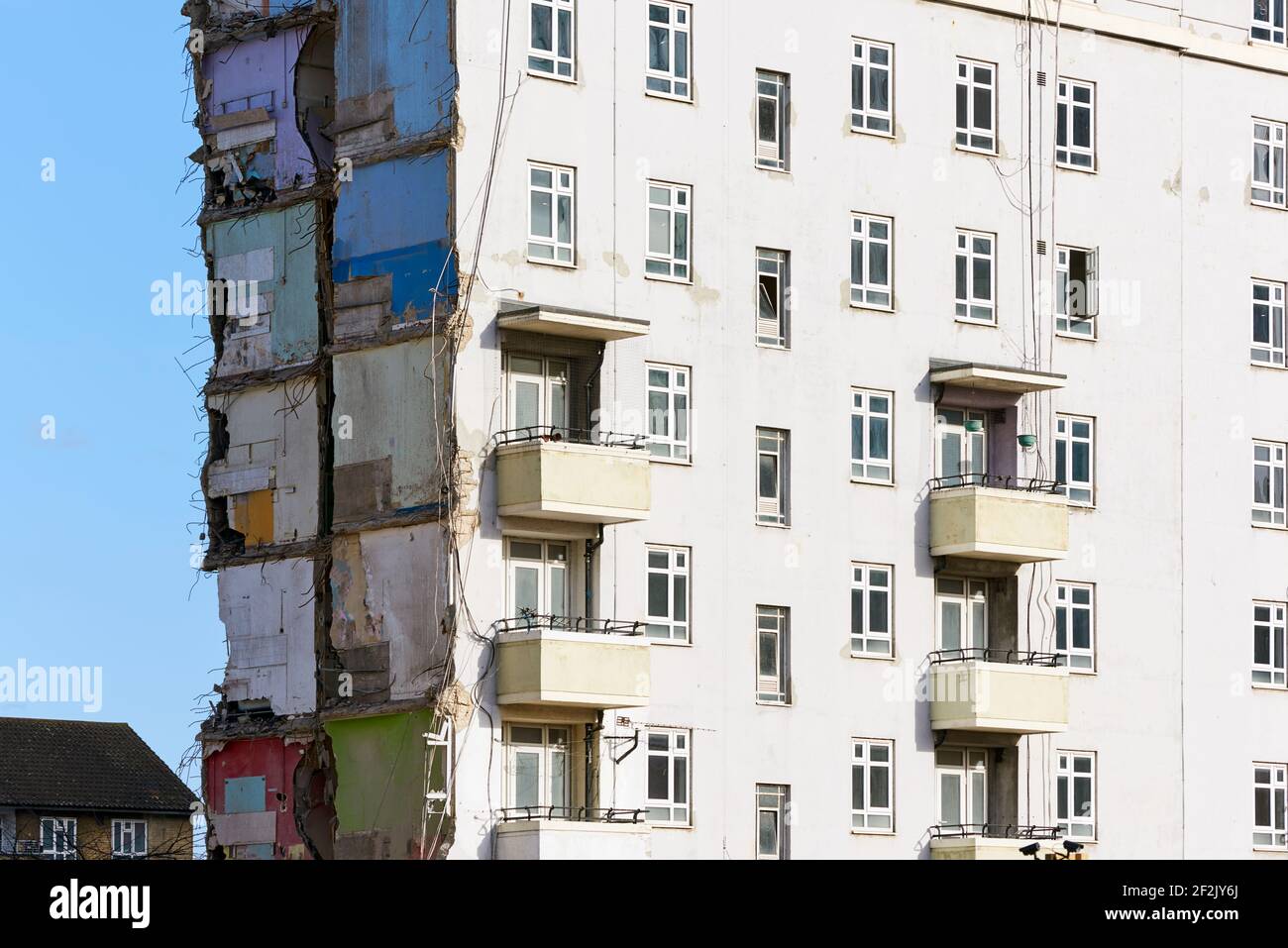 A part demolished block of flats on the Woodberry Down housing estate ...