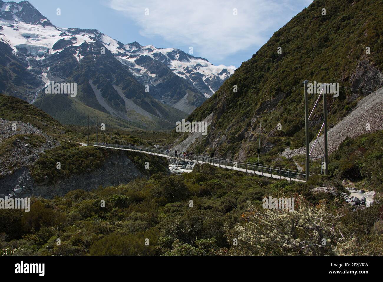 Suspension bridge on Hooker Valley Track in Mount Cook National Park on ...