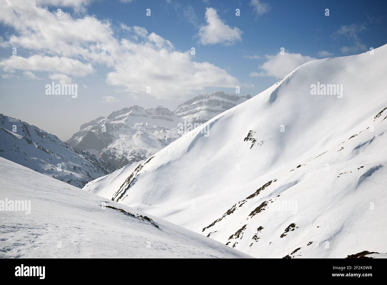 Snowy mountains in the Pyrenees in Canfranc Valley in Spanish Pyrenees ...