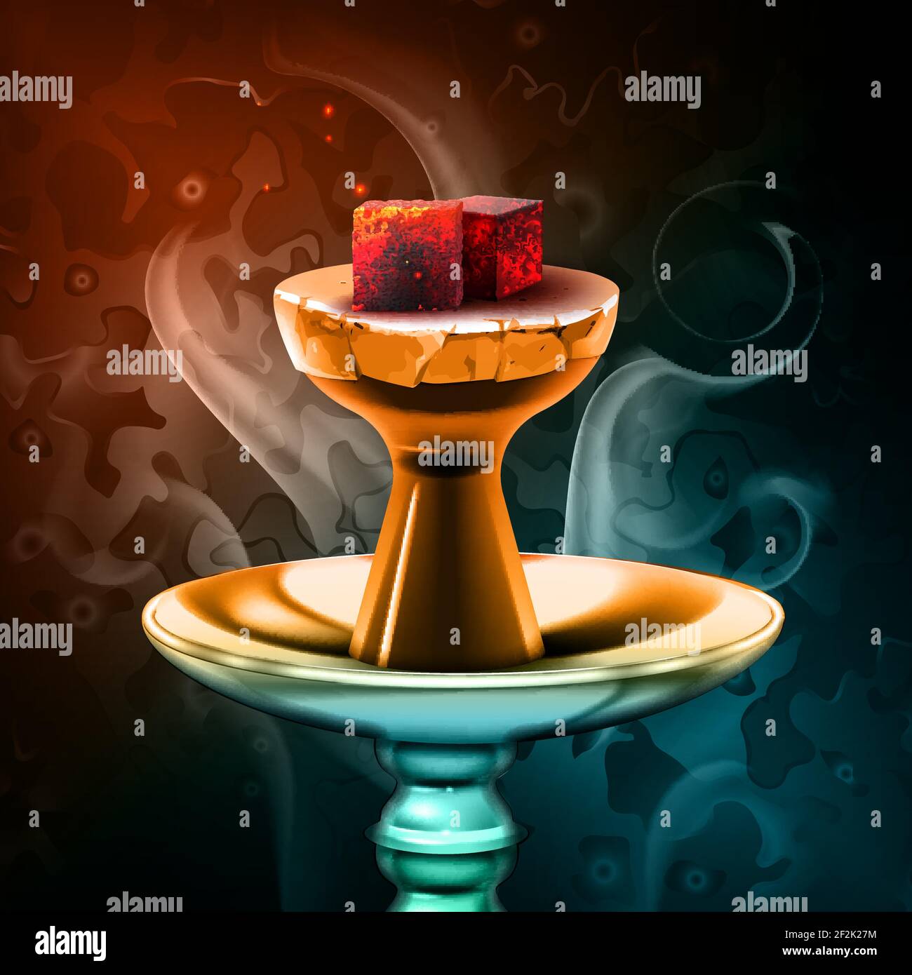 Vector hookah hot coals on shisha bowl with steam on colorful ...