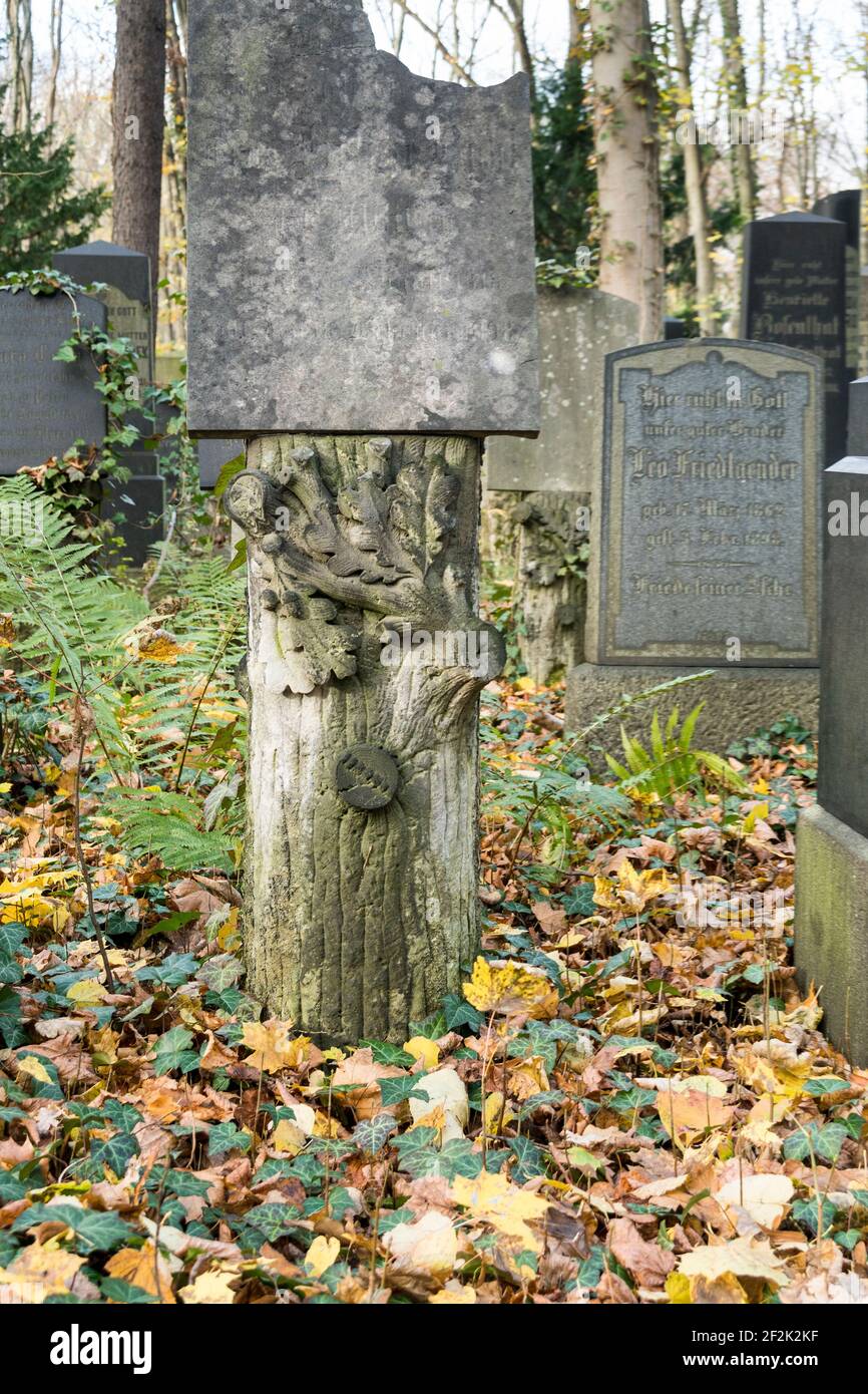 Berlin, Jewish cemetery Berlin Weissensee, plinth grave with oak leaves ...