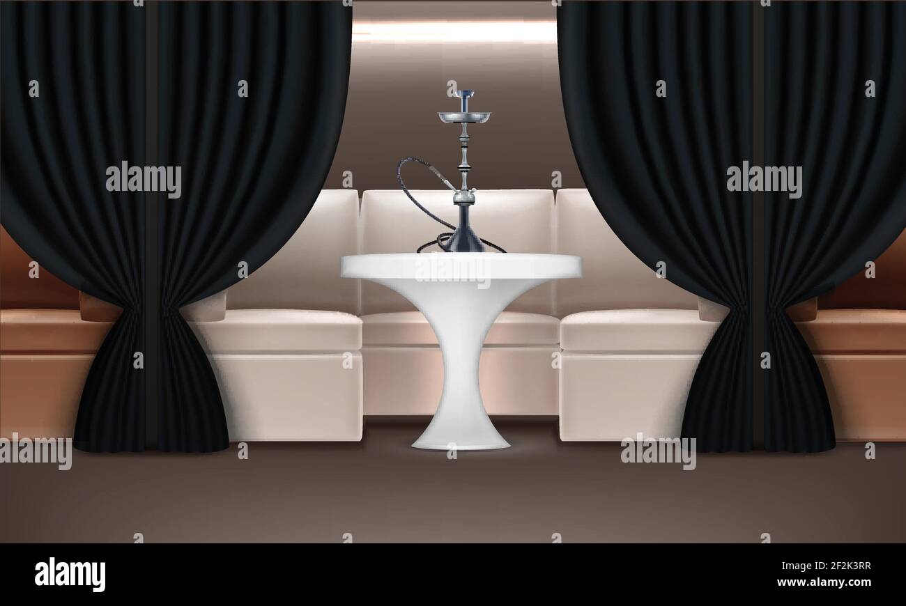 Hookah lounge interior with armchairs, illuminated table, dark curtains ...