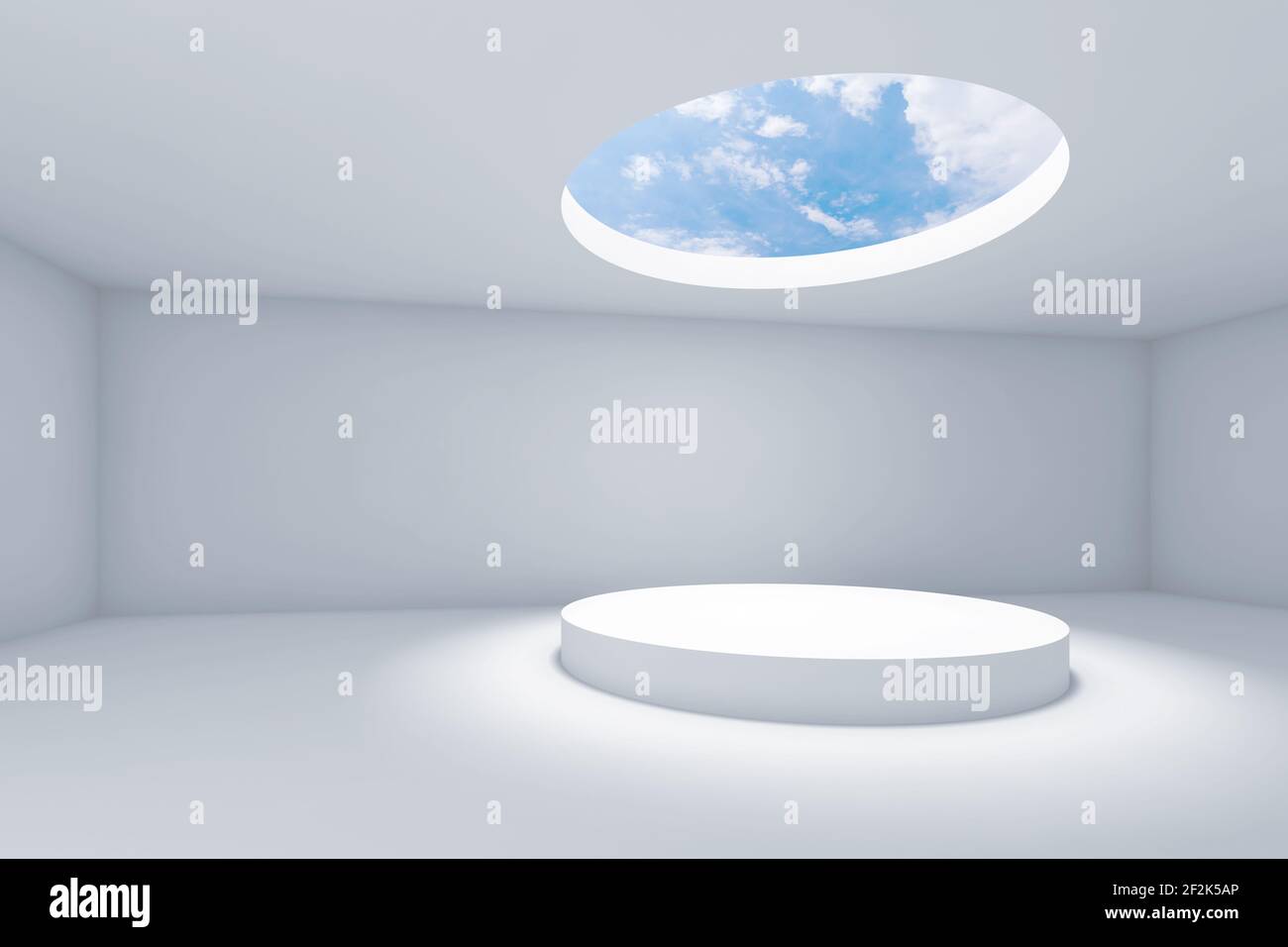 Abstract empty room interior, showroom with blue sky behind round ...