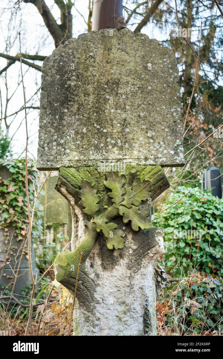 Berlin, Jewish cemetery Berlin Weissensee, grave plinth with oak leaves ...