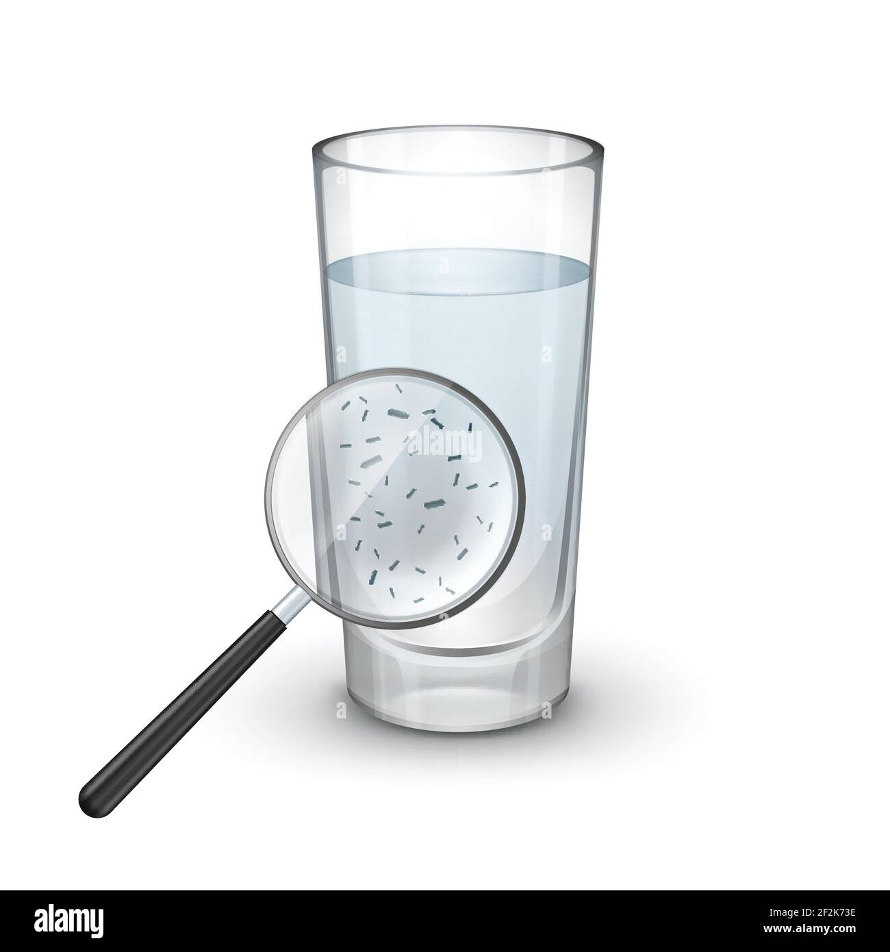 Vector glass of water with magnifier and microscopic bacteria on white ...
