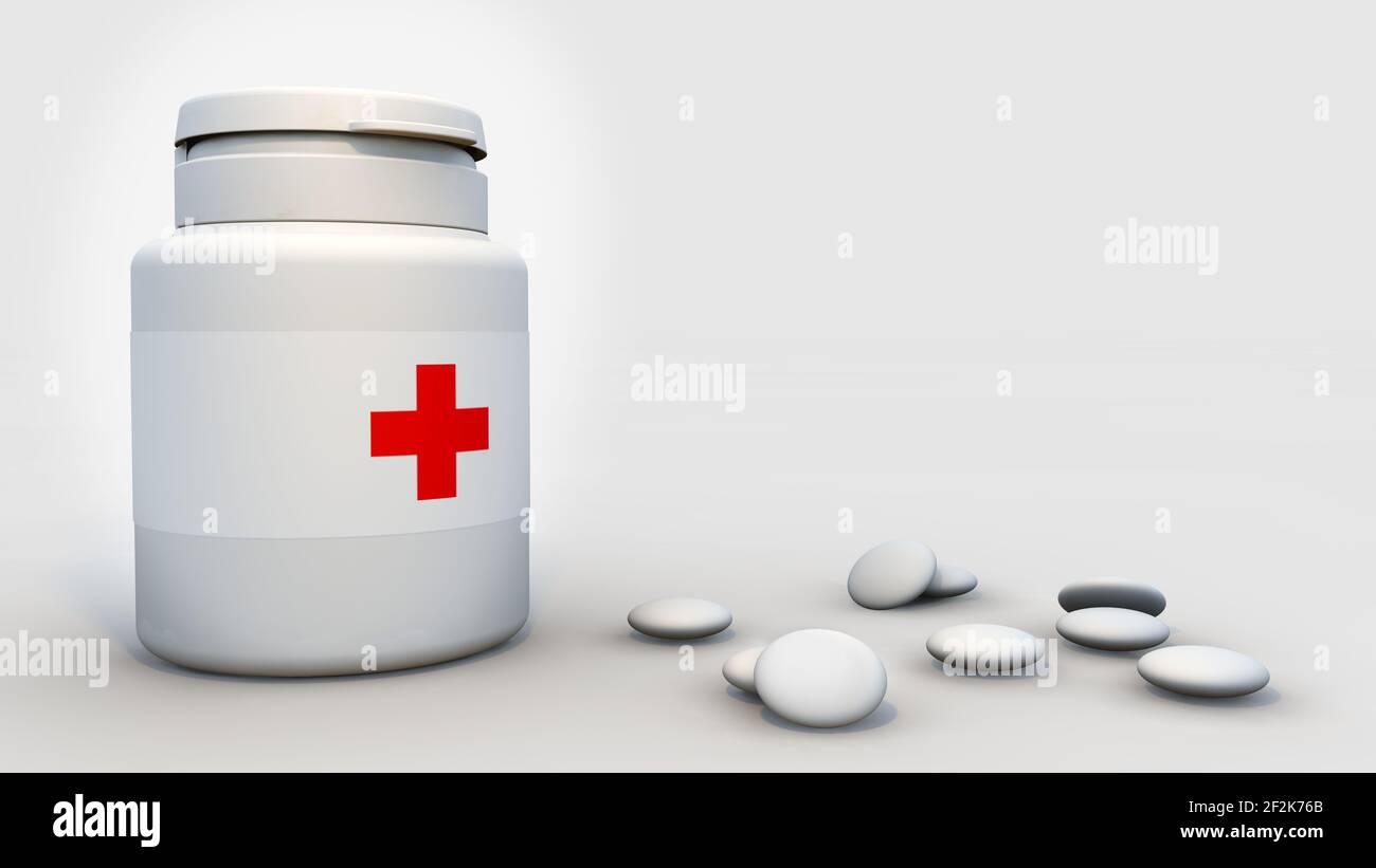 Red cross labelled plastic medicine bottle and pills 3D Render Stock ...