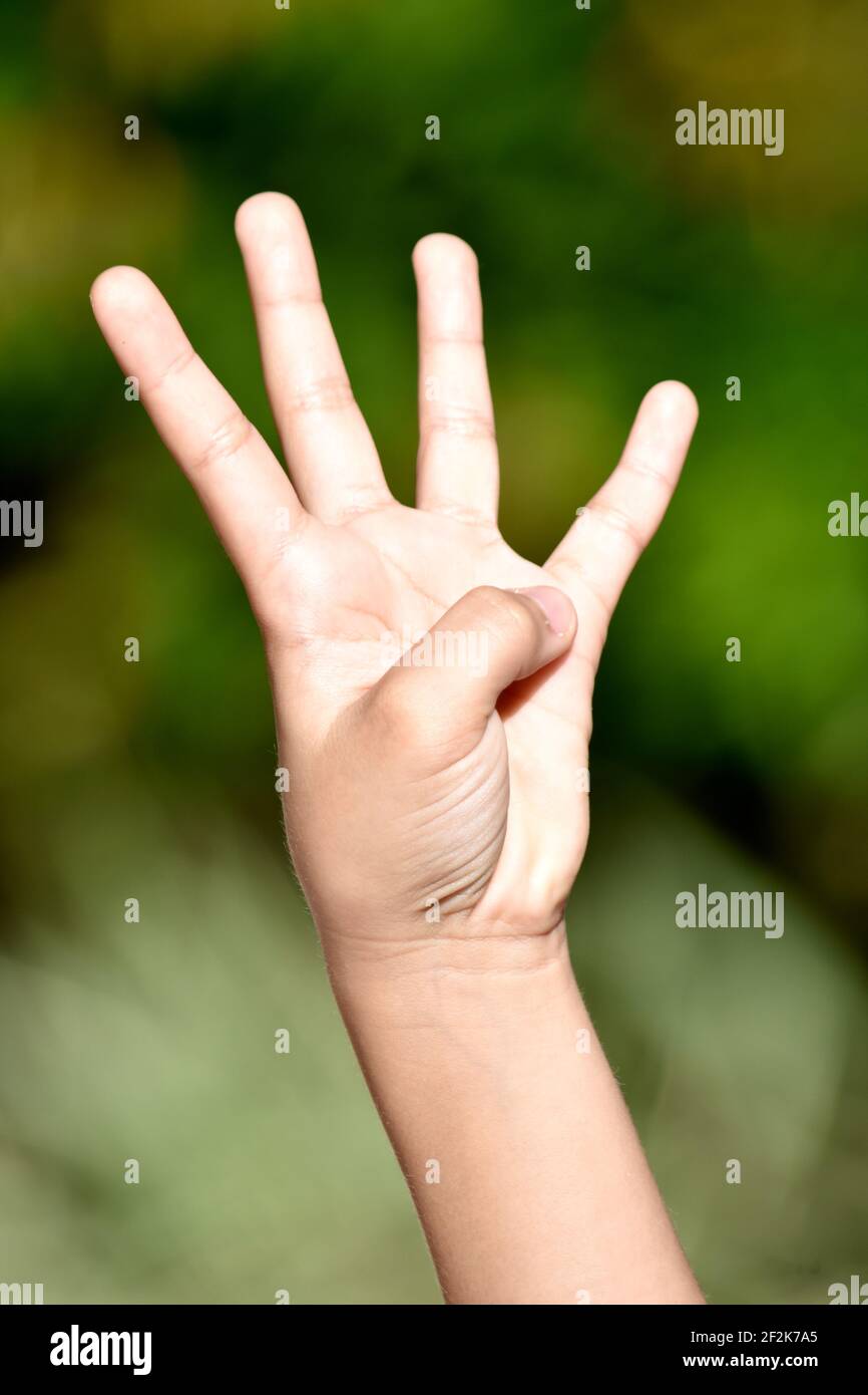 A Child Hand Gesture Number Four Stock Photo - Alamy