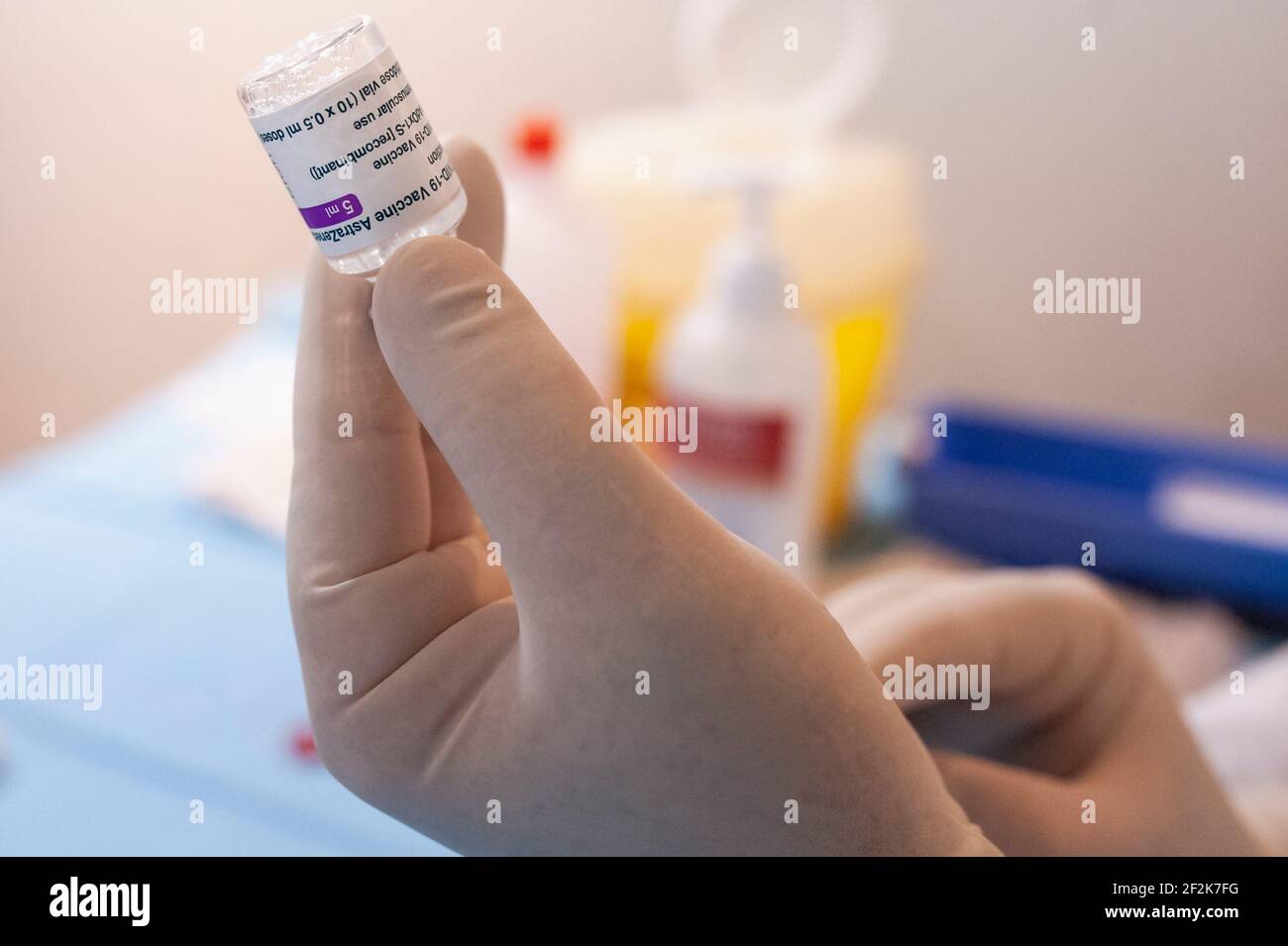 A bottle of AstraZeneca vaccine seen during the preparation. The ...