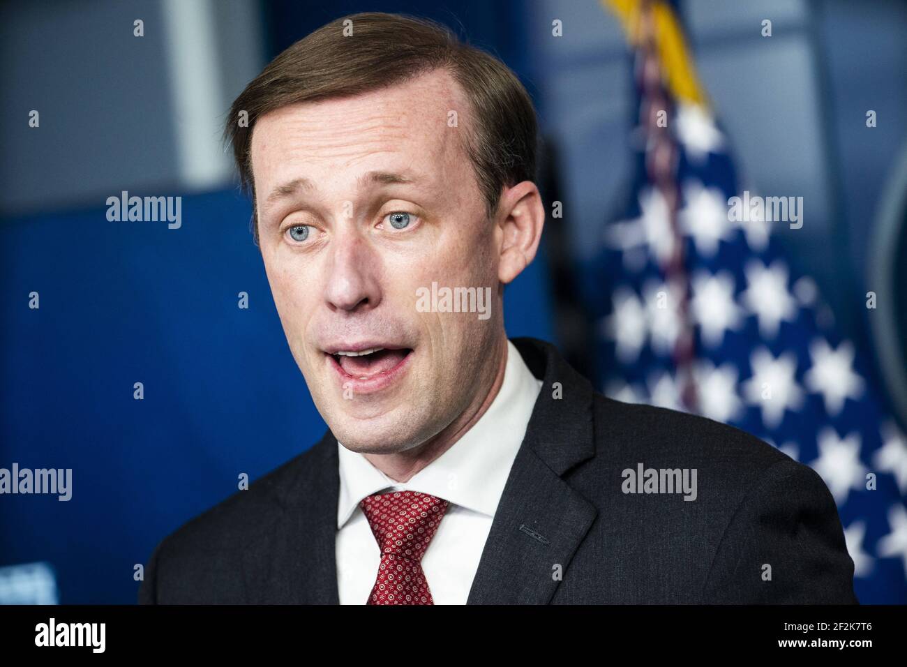 National Security Advisor Jake Sullivan speaks at a news briefing at ...