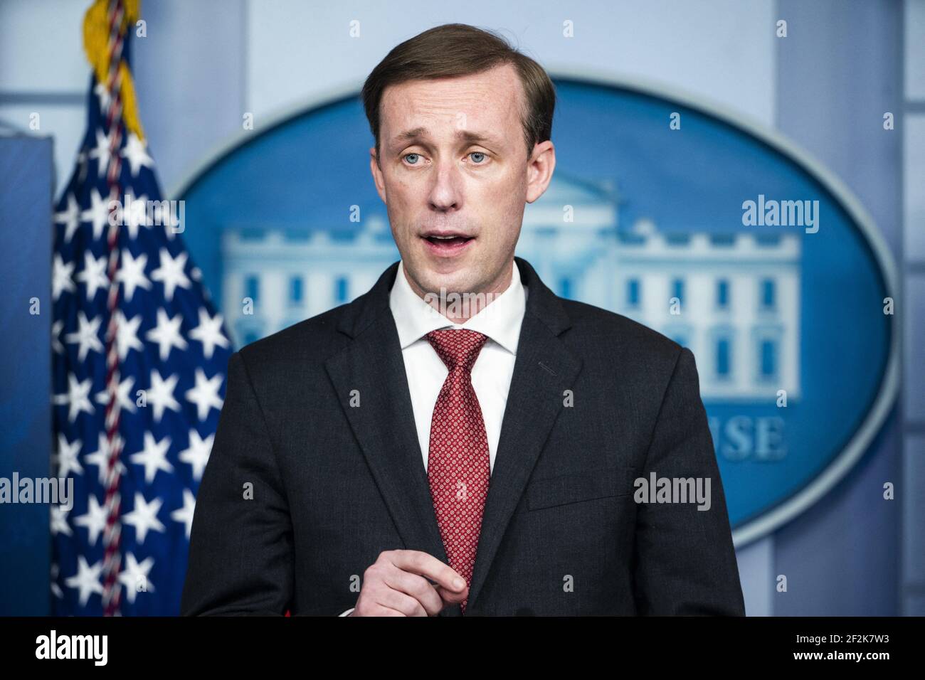 National Security Advisor Jake Sullivan speaks at a news briefing at ...