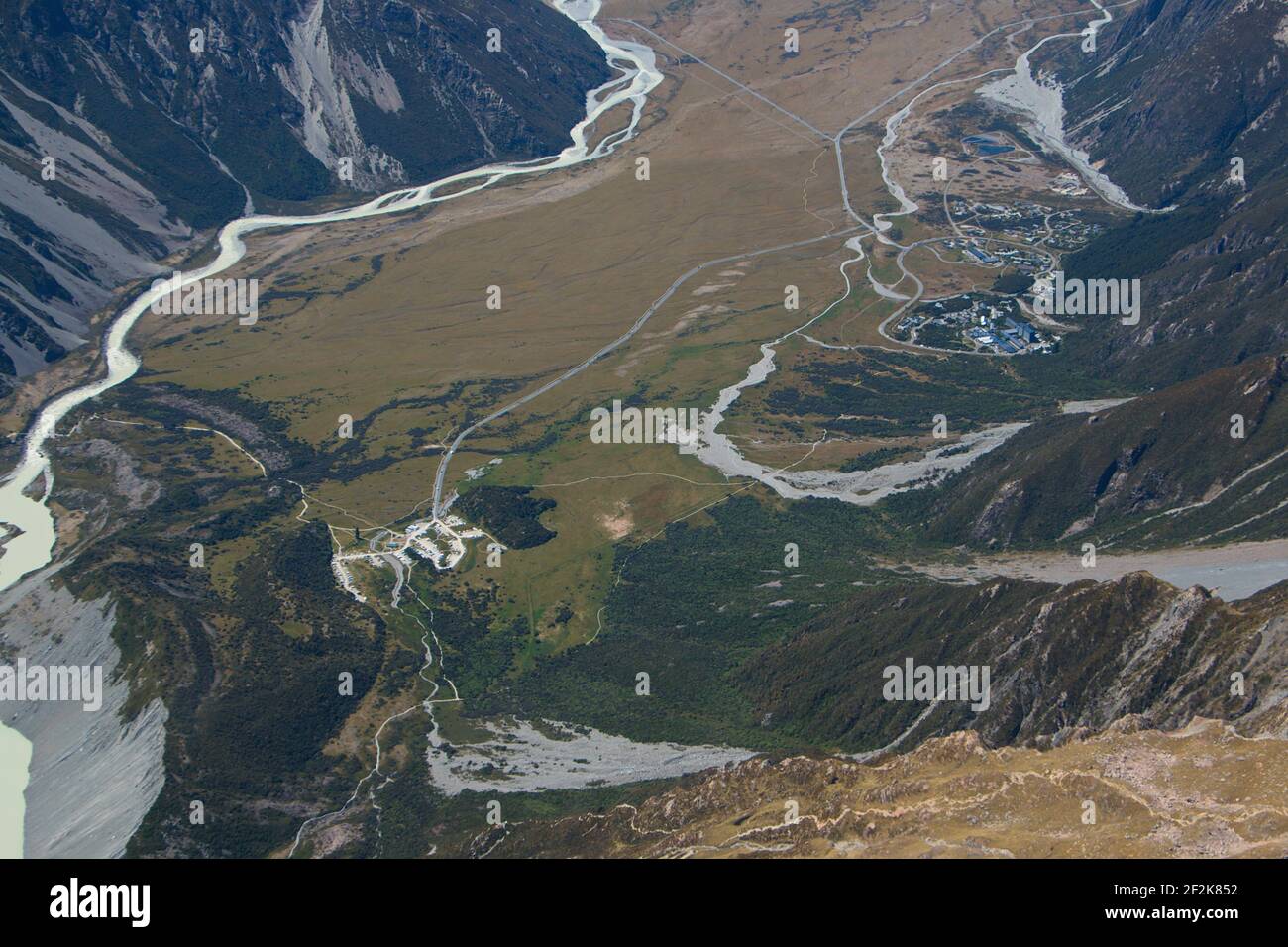 Aerial view of Mount Cook Village in Mount Cook National Park on South ...