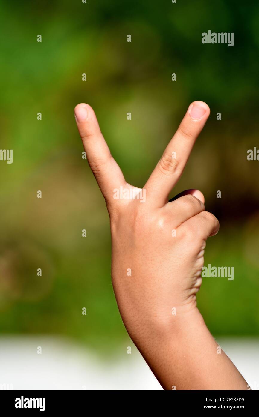 A Child Hand Gesture Peace Victory Stock Photo - Alamy