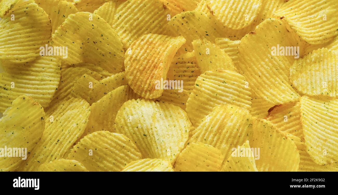 Food panorama background of dry potato chips,flat lay Stock Photo - Alamy