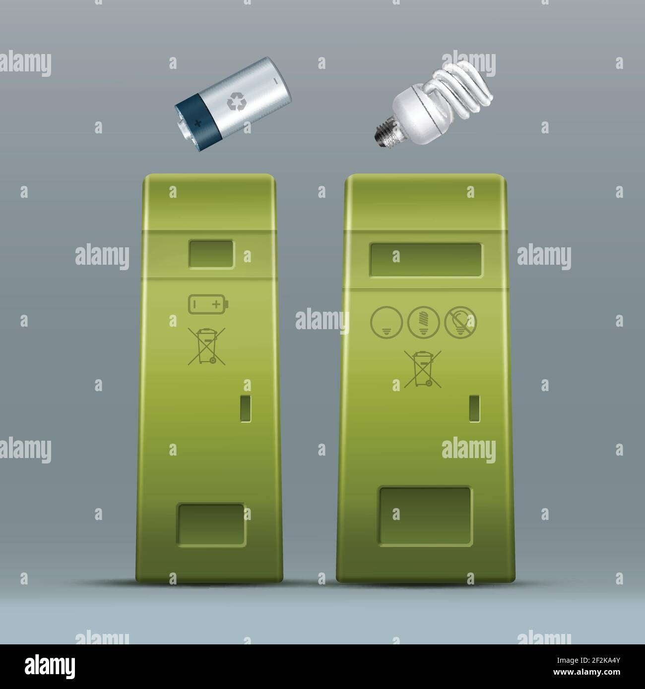 Vector green battery, energy saving lamp recycle bins for waste sorting ...