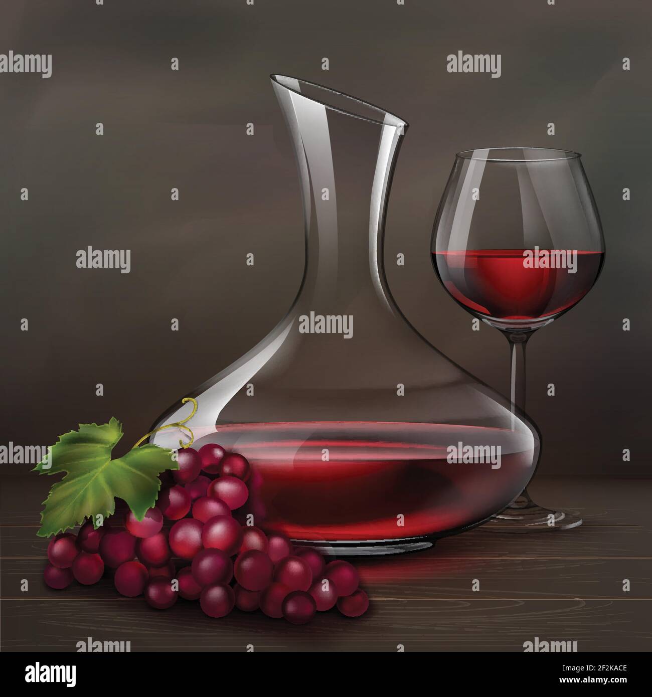 Vector illustration. Glass of red wine next to decanter and bunch of grapes on wood table Stock ...