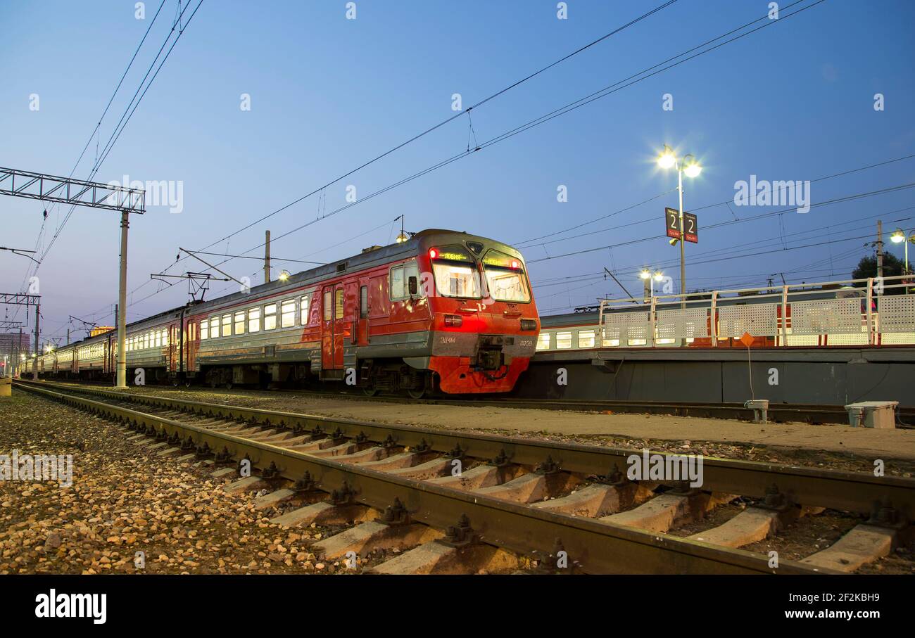 Train on Moscow passenger platform (Savelovsky railway station) is one ...