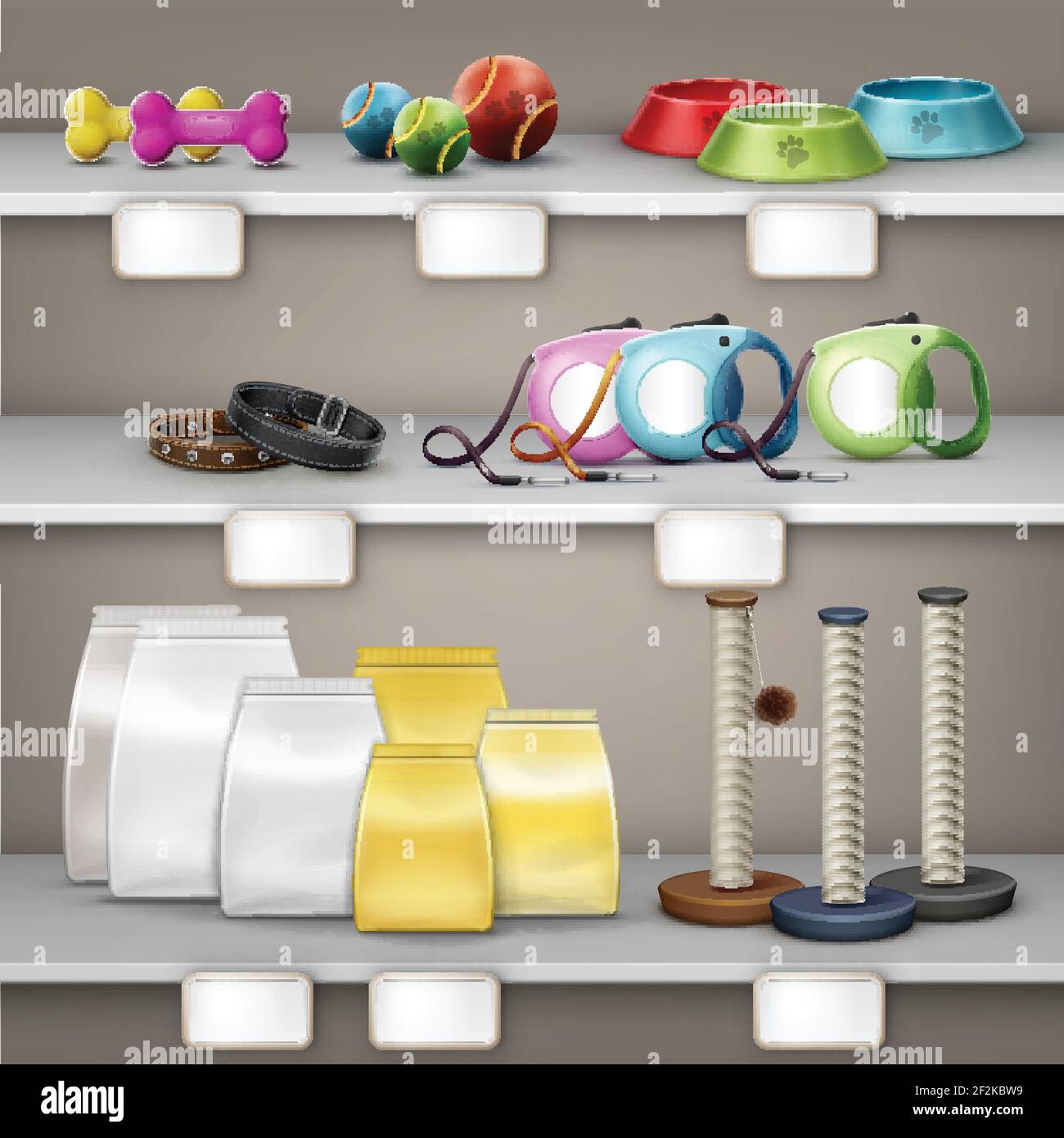 Vector illustration of pet shop. Pets accessories and food on shelf ...