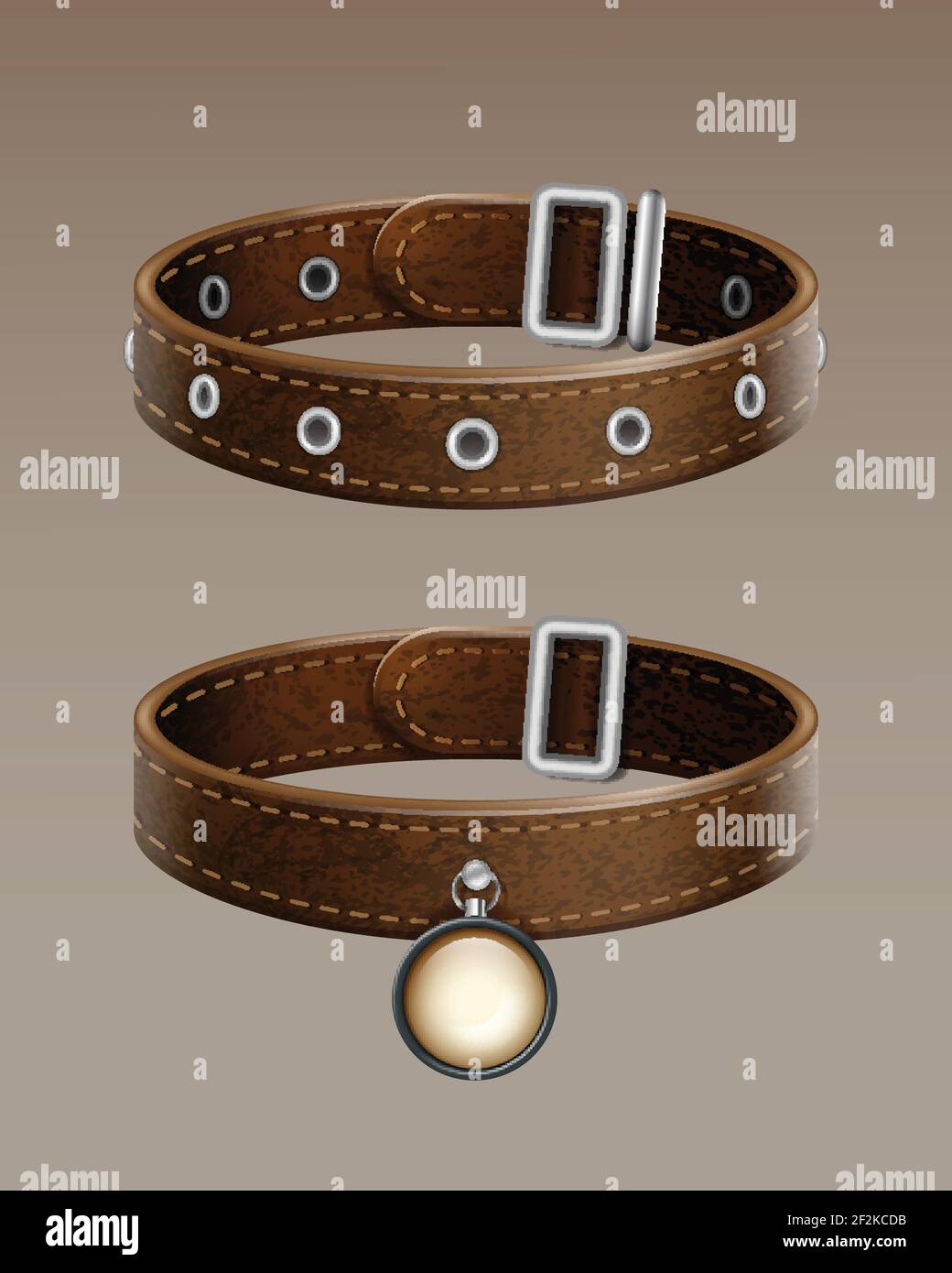 Realistic vector brown leather dog collar for pets isolated on gradient ...