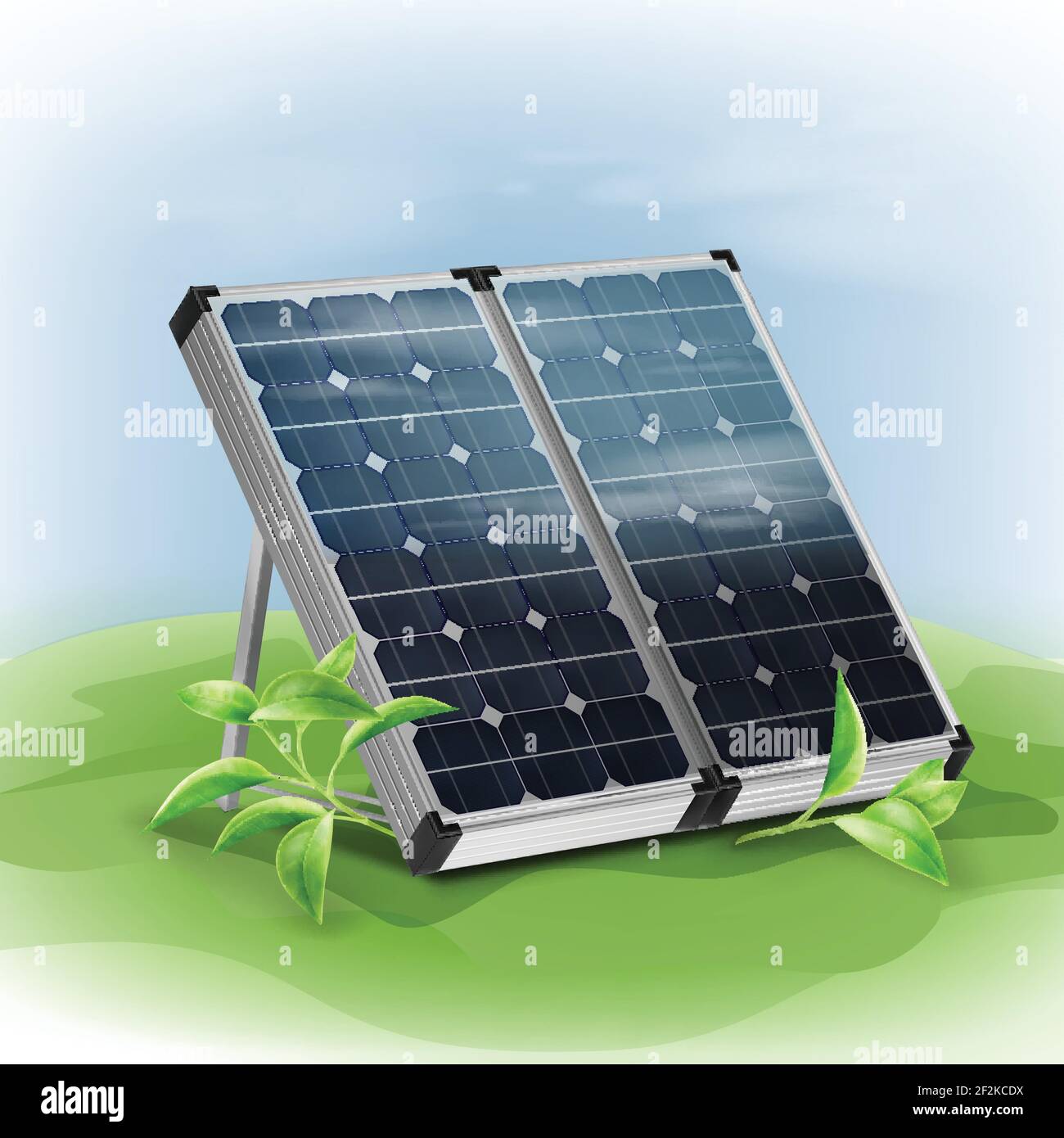 Vector portable isolated solar panels close up with green leafs on ...