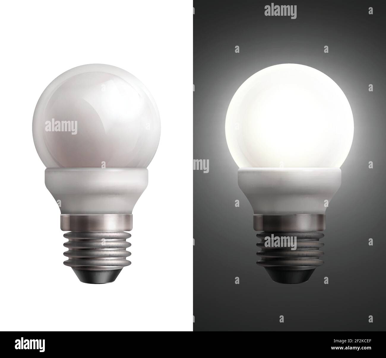 Vector illustration with turned off and glowing energy saving lamps on black and white ...