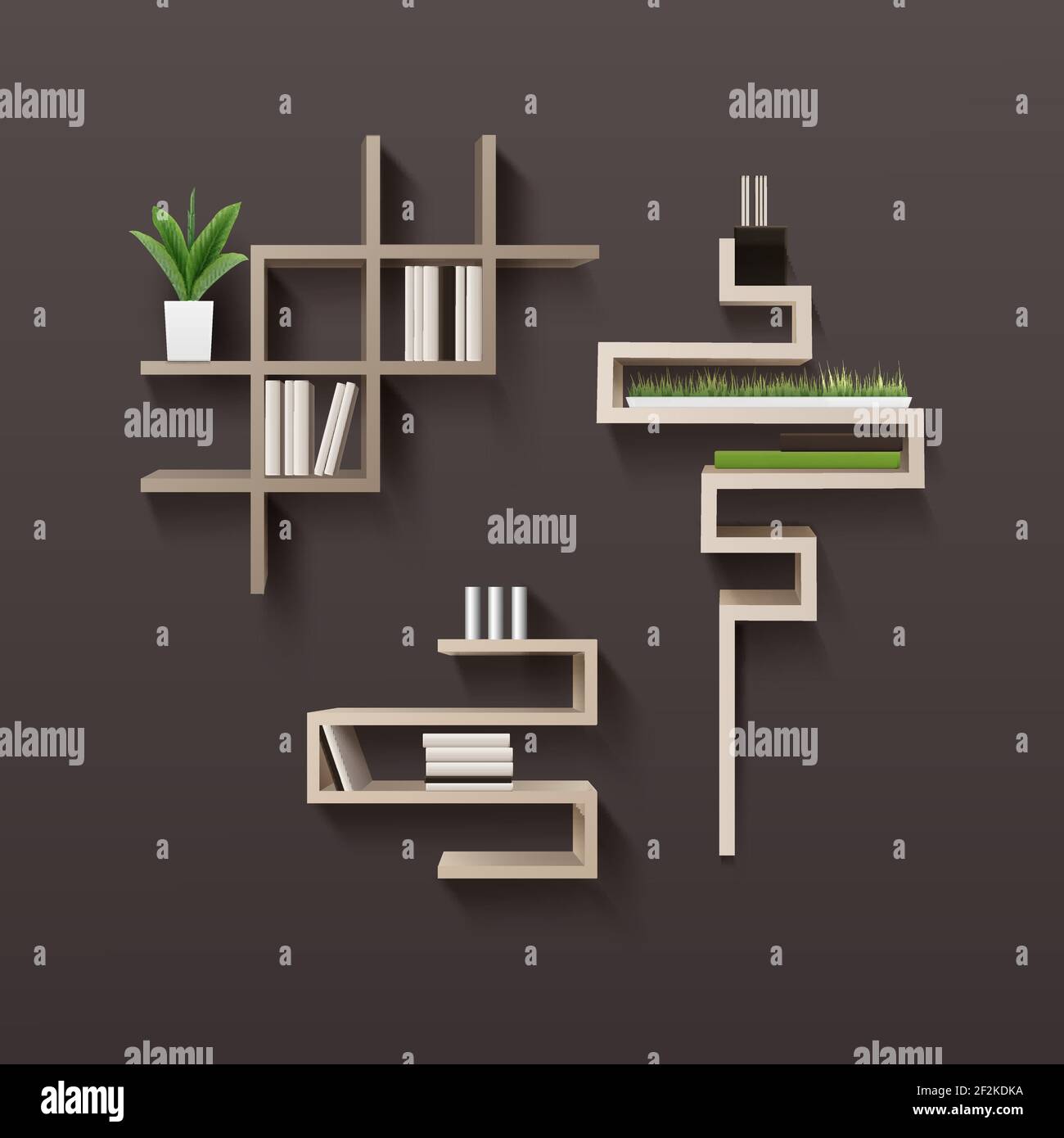 Vector modern wooden bookshelf with books and plants in interior ...