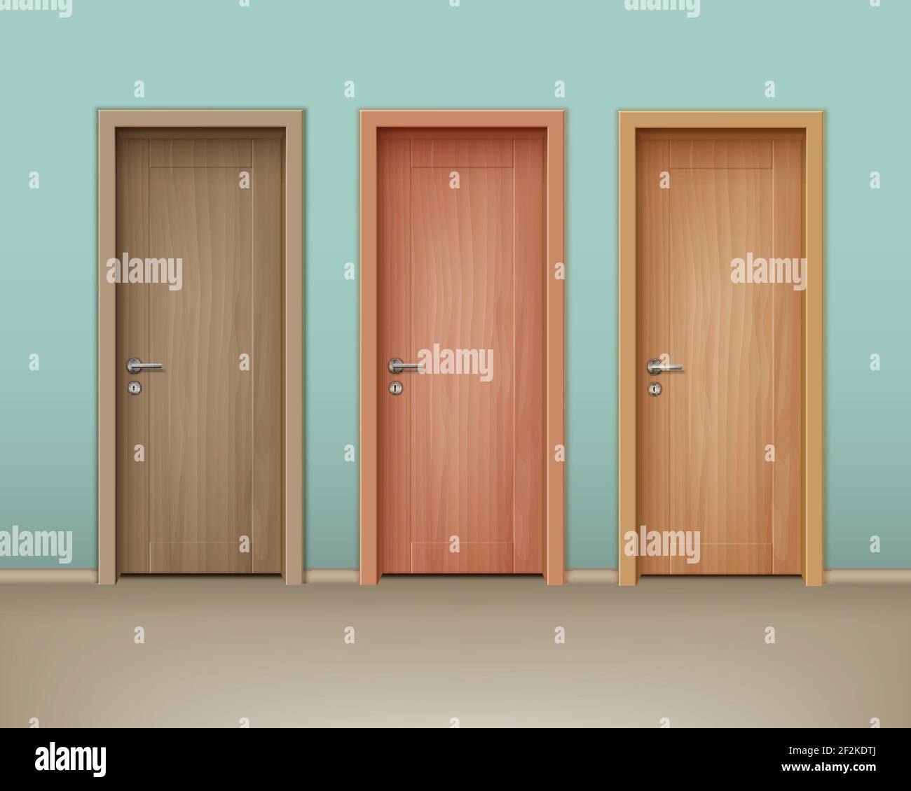 Vector colored wooden doors in eco-minimalism style on wall of mint ...