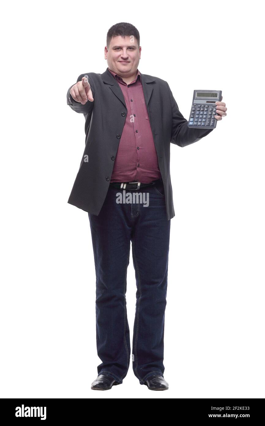 Mature business man with a calculator. isolated on a white Stock Photo ...