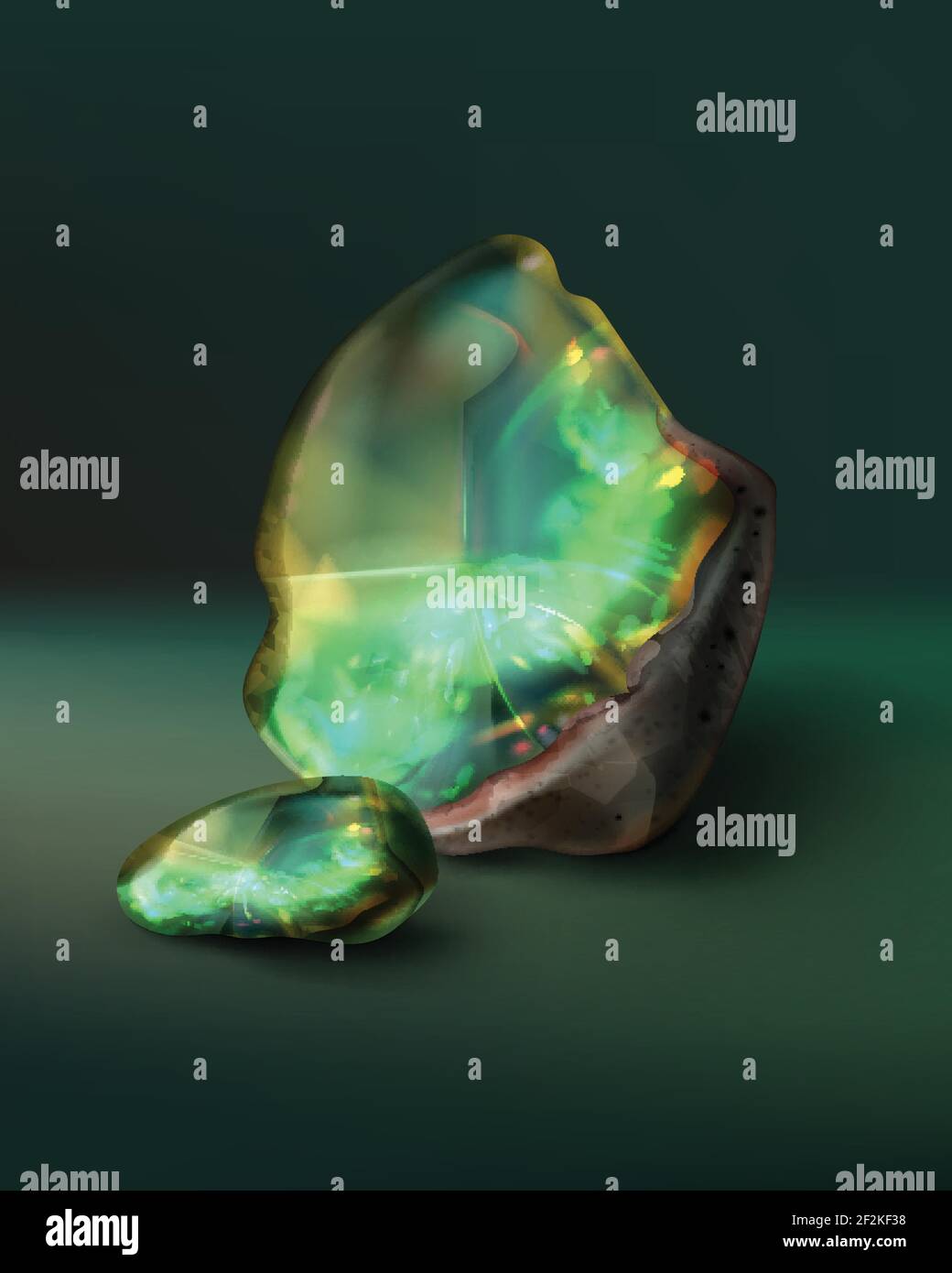 Vector illustration of raw emerald with fragment isolated on green ...