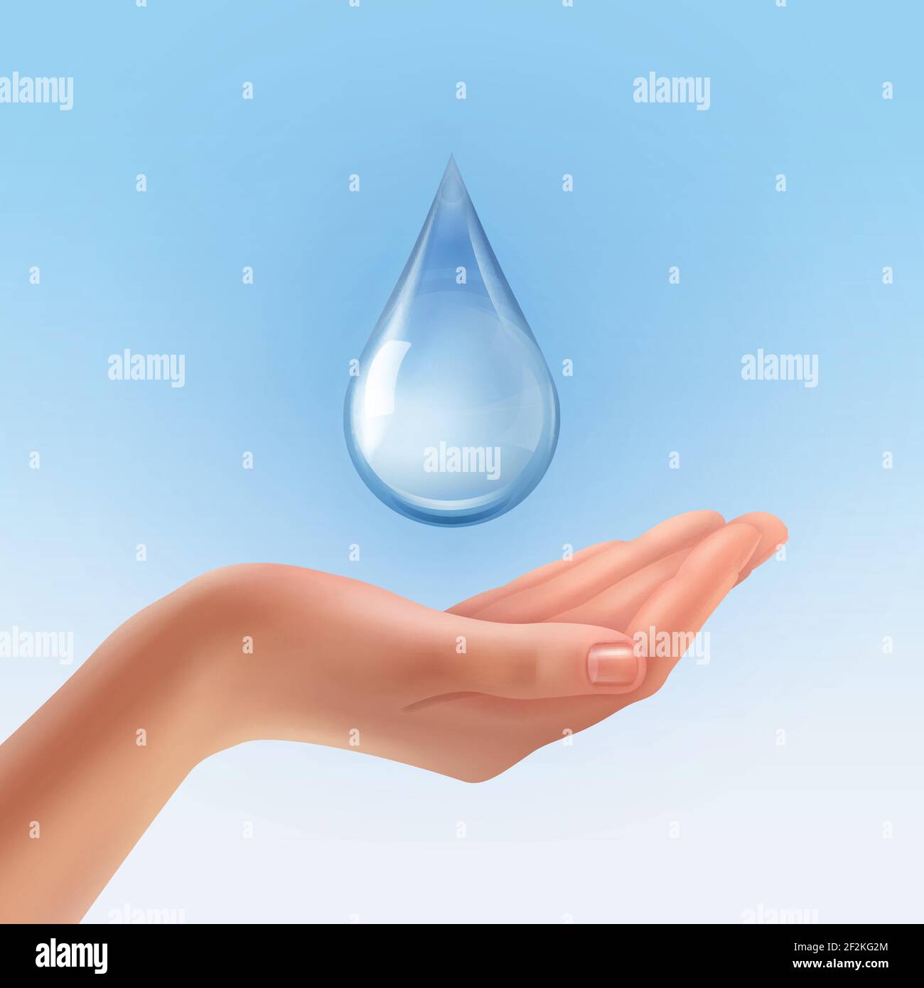 Vector illustration of protect water. Realistic hand with water drop ...
