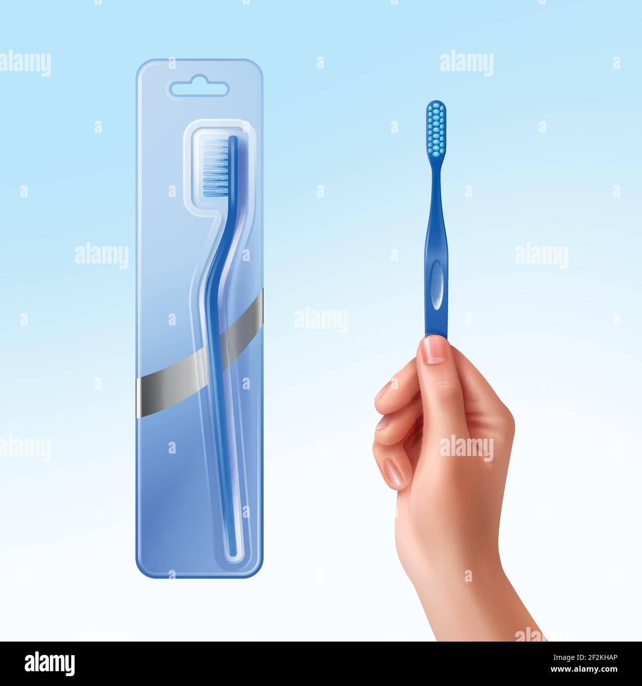 Vector illustration of toothbrush in hand and in packing isolated on ...