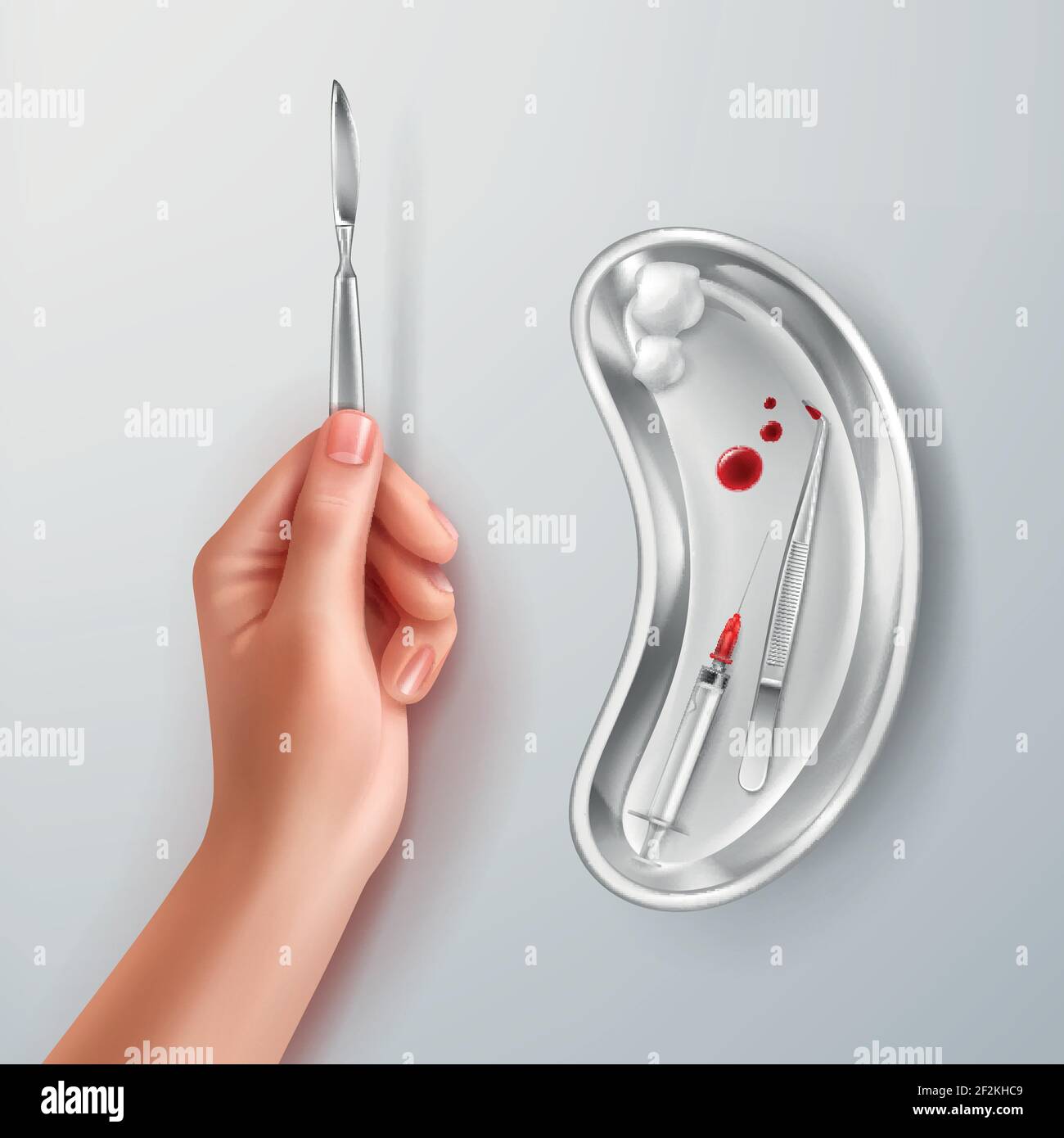 Vector hand holding scalpel and medical instruments in tray, isolated ...