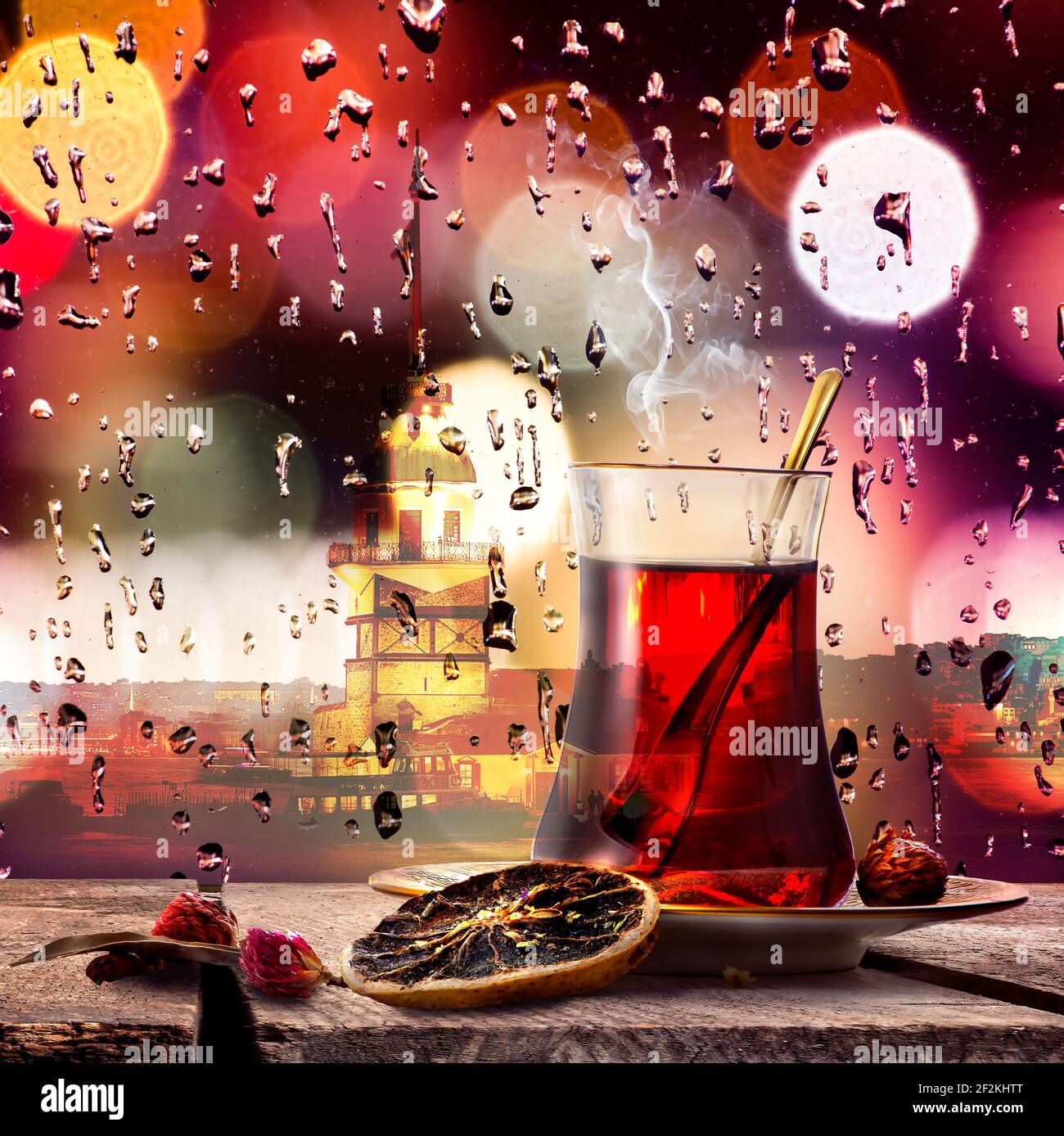 Turkish tea in the background of the maiden tower in Istanbul Stock ...