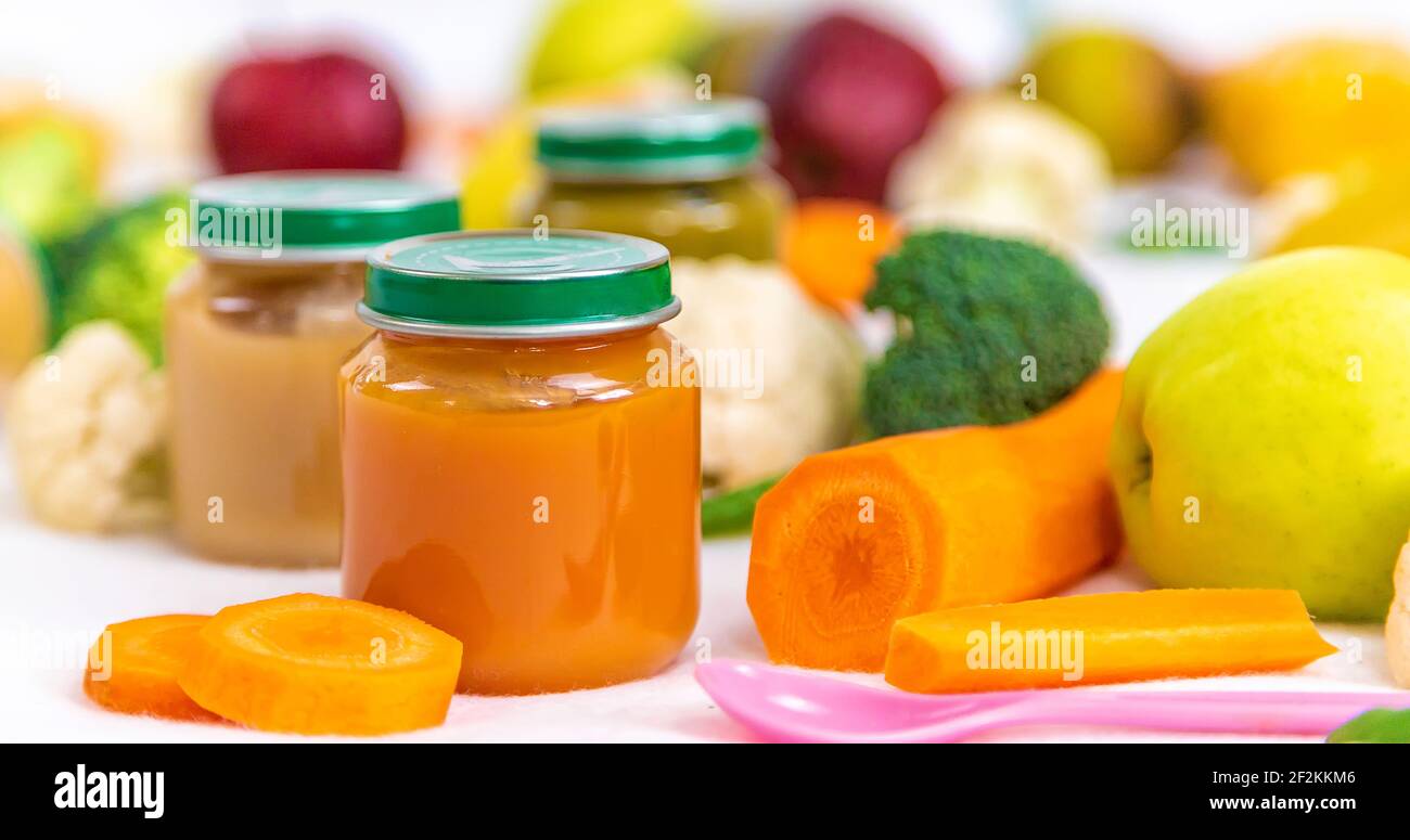 Baby puree with vegetables and fruits. Selective focus. Food Stock ...