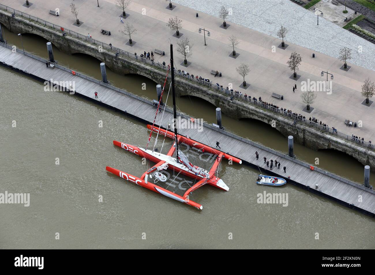 Aerial shoot of the Maxi trimaran IDEC and her skipper Francis Joyon in ...