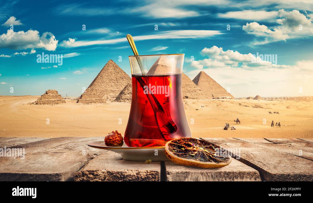 View of the pyramids in Egypt and hibiscus tea Stock Photo - Alamy