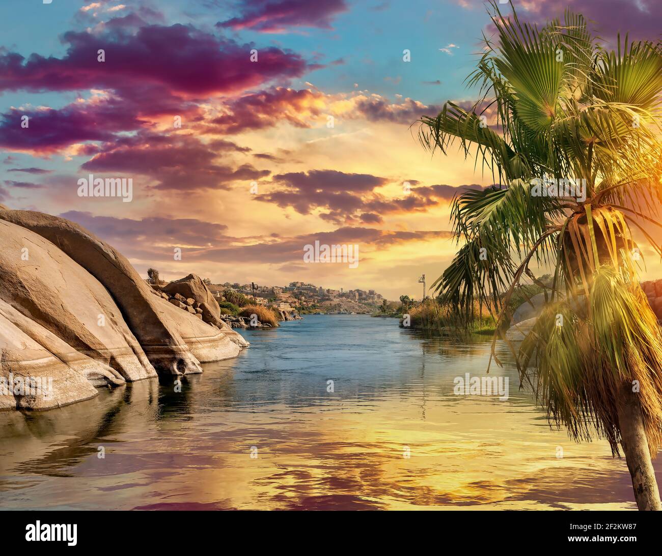 Sunset landscape in Aswan on river Nile, Egypt Stock Photo - Alamy