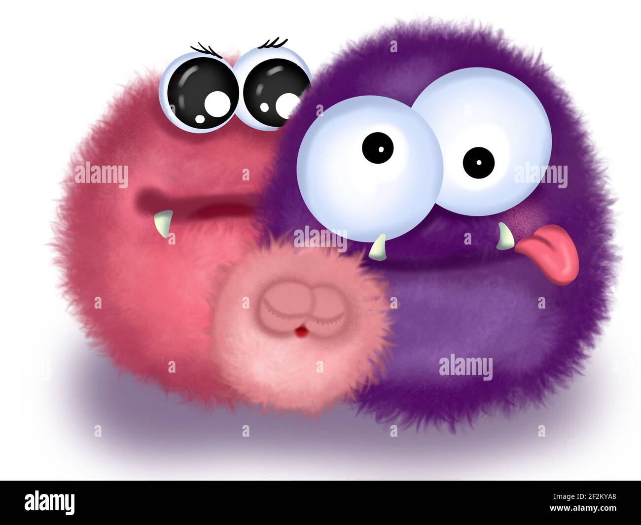 The three fluffy monsters mom dad and baby pink and purple baby ...