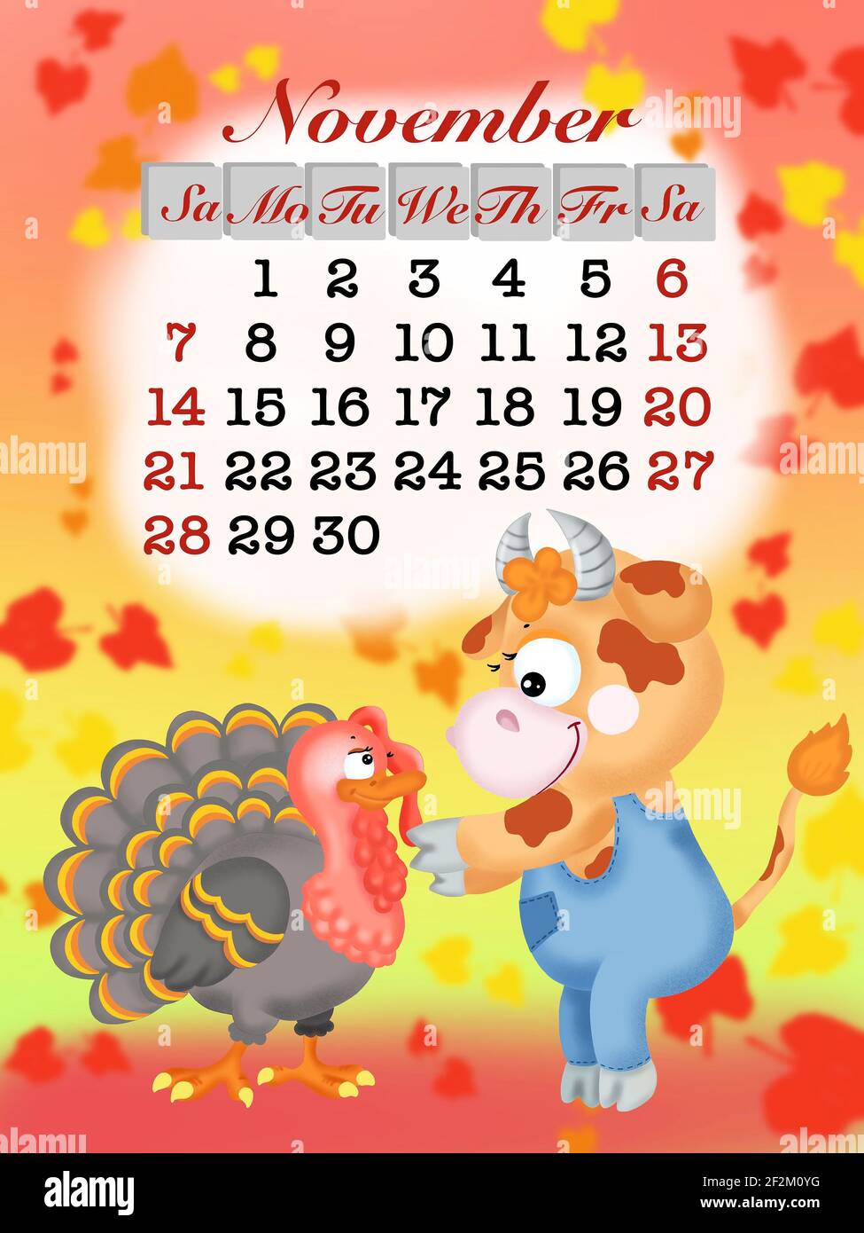 A calendar with the symbol of the year bull for November next to the ...