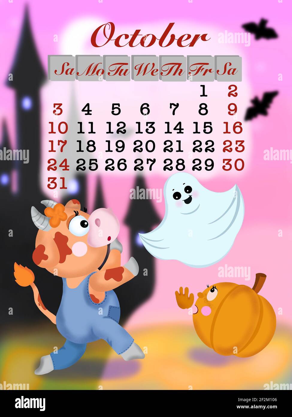A calendar with the symbol of the year bull for October Halloween next ...