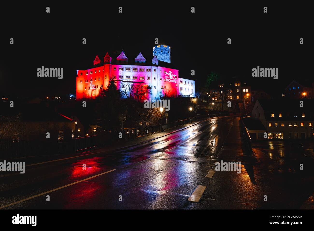 Germany, Saxony, Ore Mountains, Zschopau, Wildeck Castle, illuminated ...