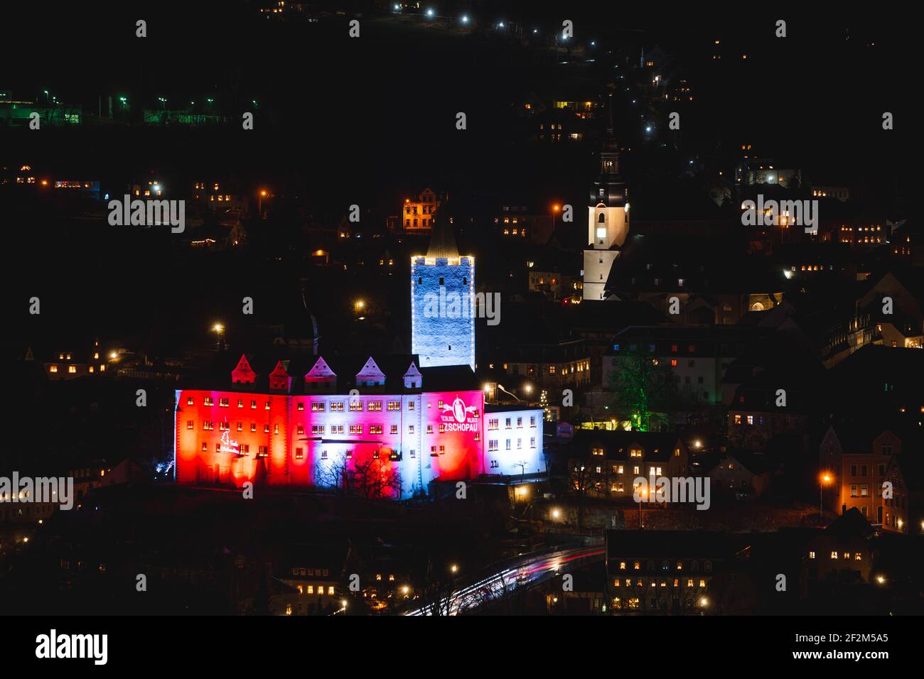 Germany, Saxony, Ore Mountains, Zschopau, Wildeck Castle, illuminated ...