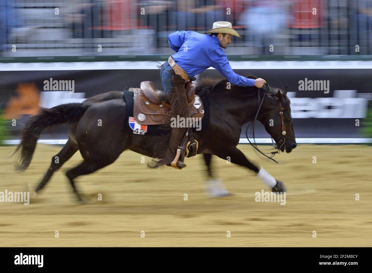 Franck PERRET riding on Nu Sailor Lena during the Reining competition ...