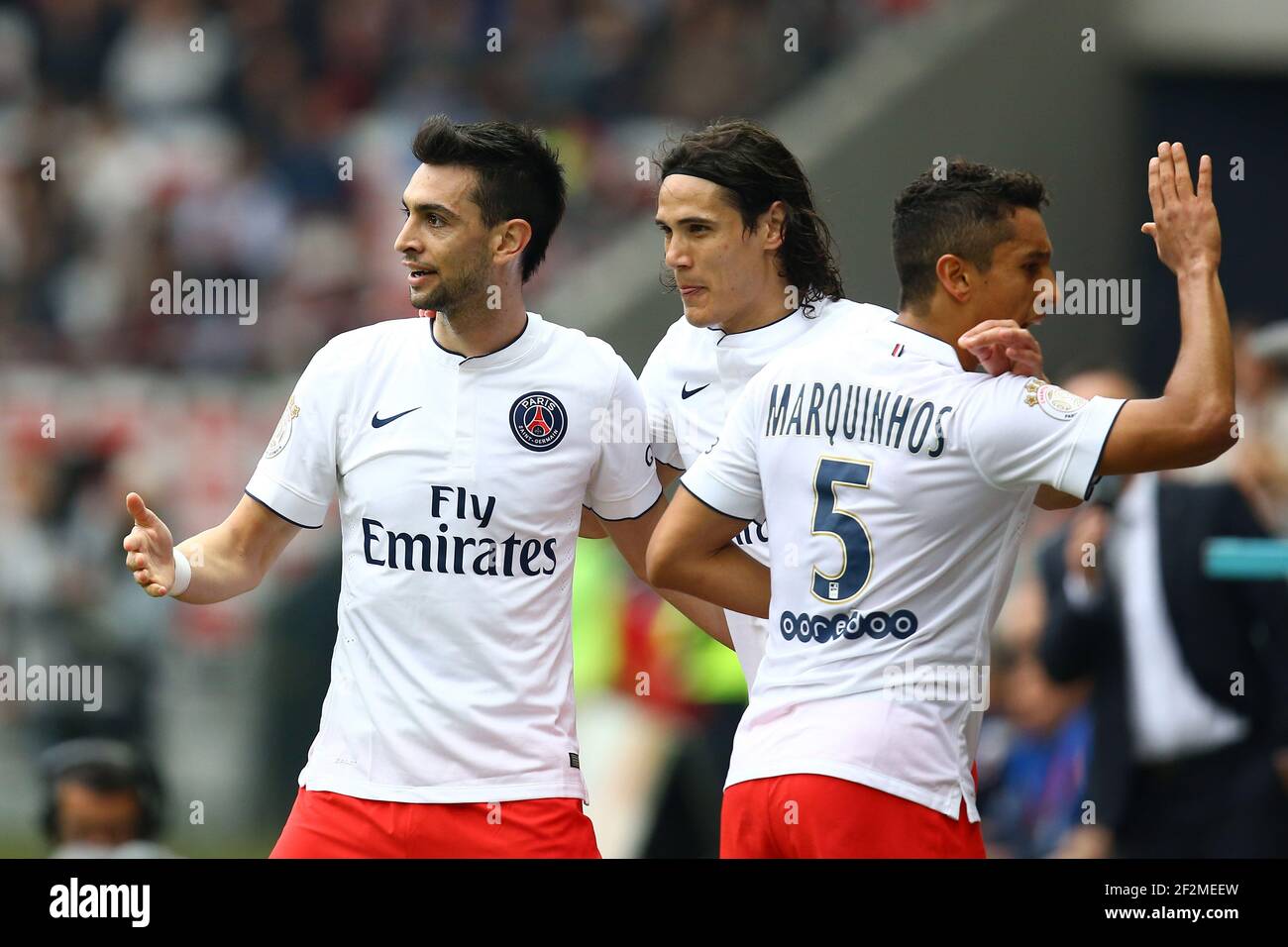 Javier Pastore of Paris SG celebrates with Edison Cavani and Marquinhos ...
