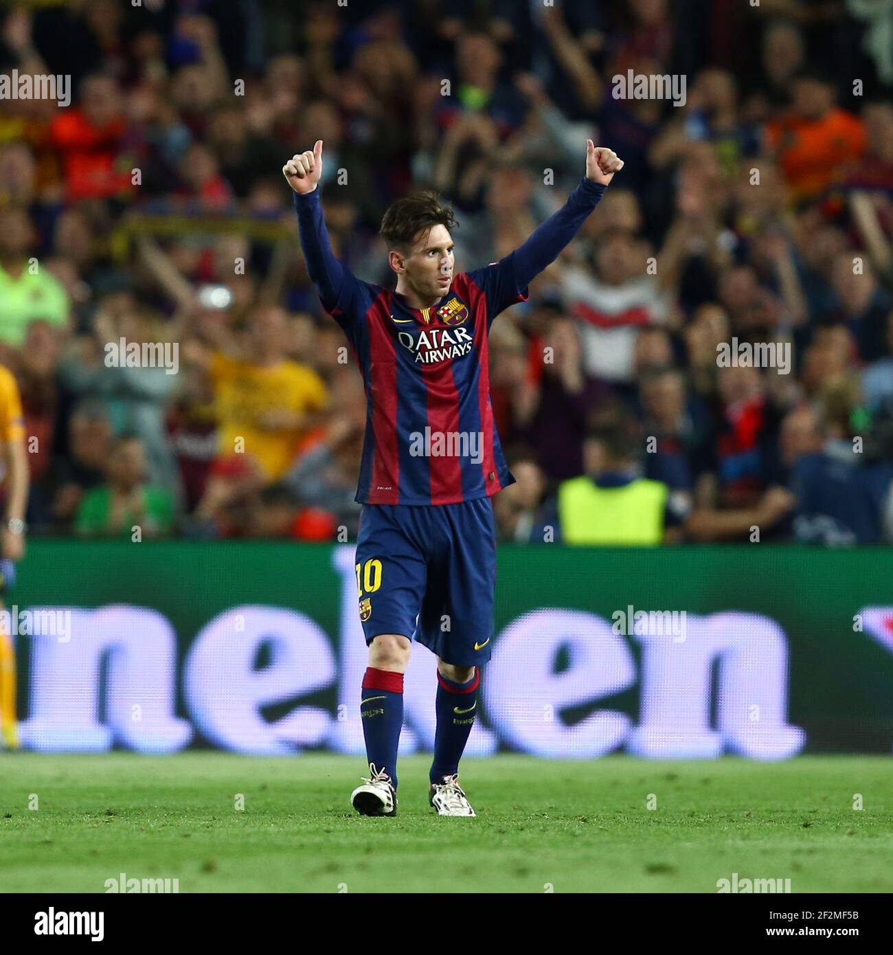 Lionel Messi of FC Barcelona celebrates after scoring his side's second ...