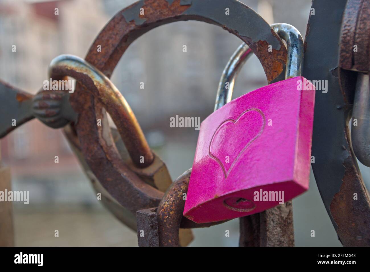 A pink padlock with an embossed heart hanging on the black-painted ...