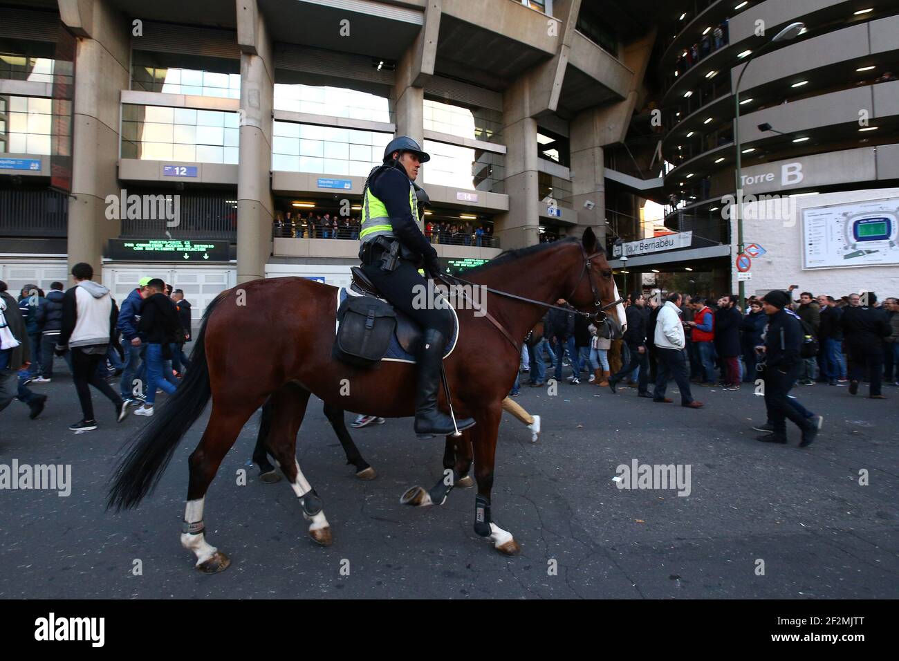 Mounted police patrol outside the Santiago Bernabeu stadium during ...