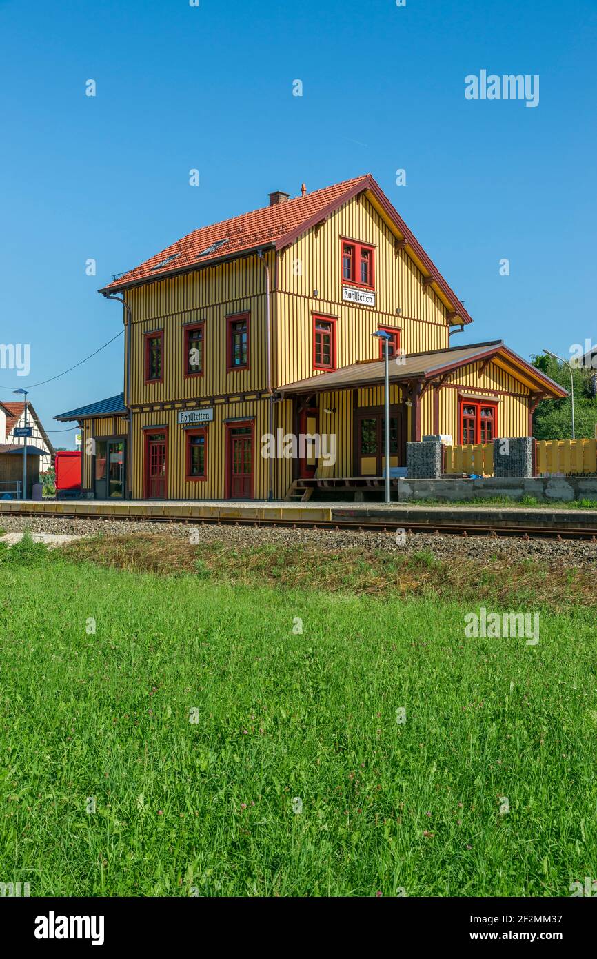 Germany, Baden-Wuerttemberg, Engstingen - Kohlstetten, station building ...