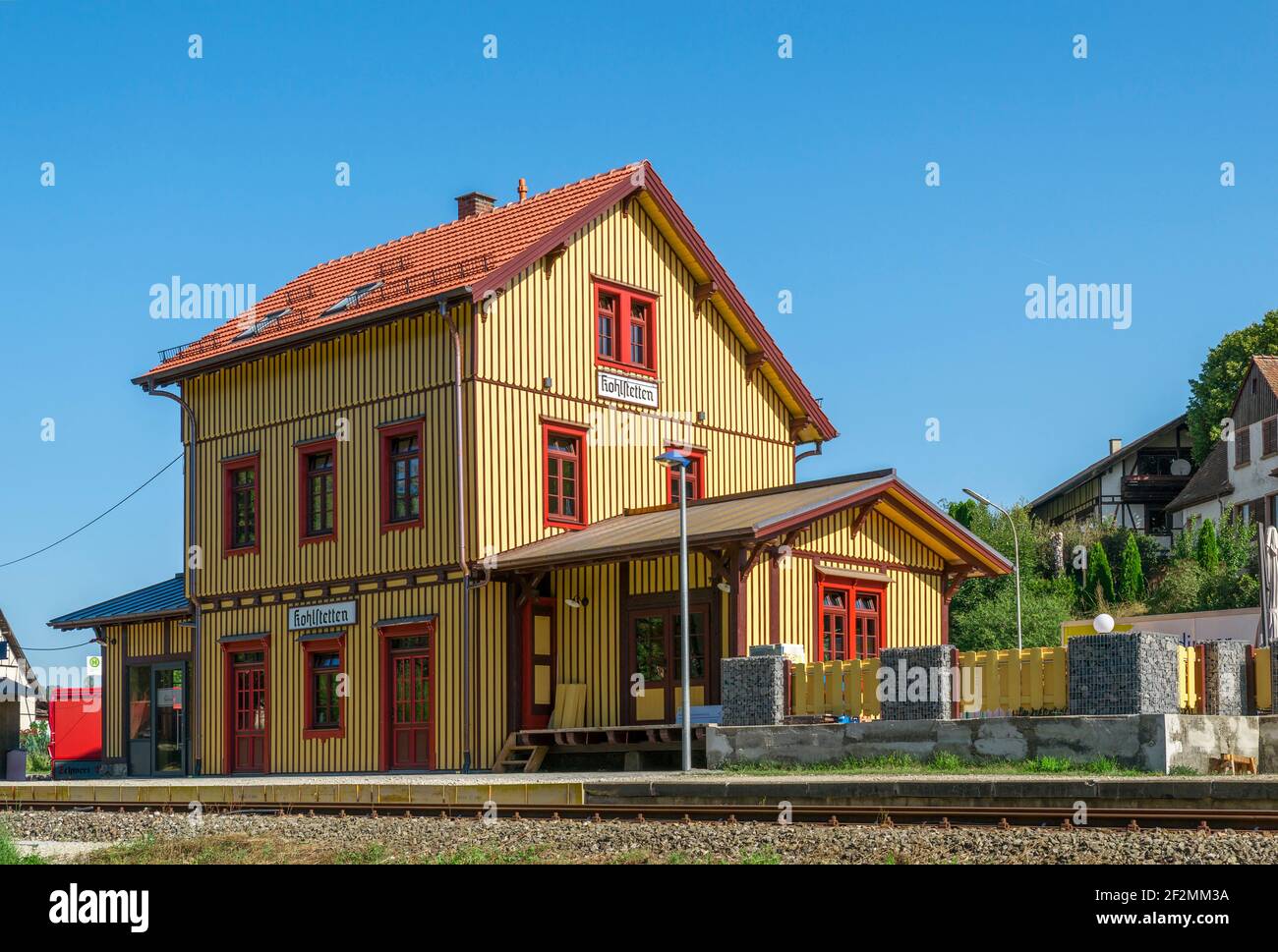 Germany, Baden-Wuerttemberg, Engstingen - Kohlstetten, station building ...
